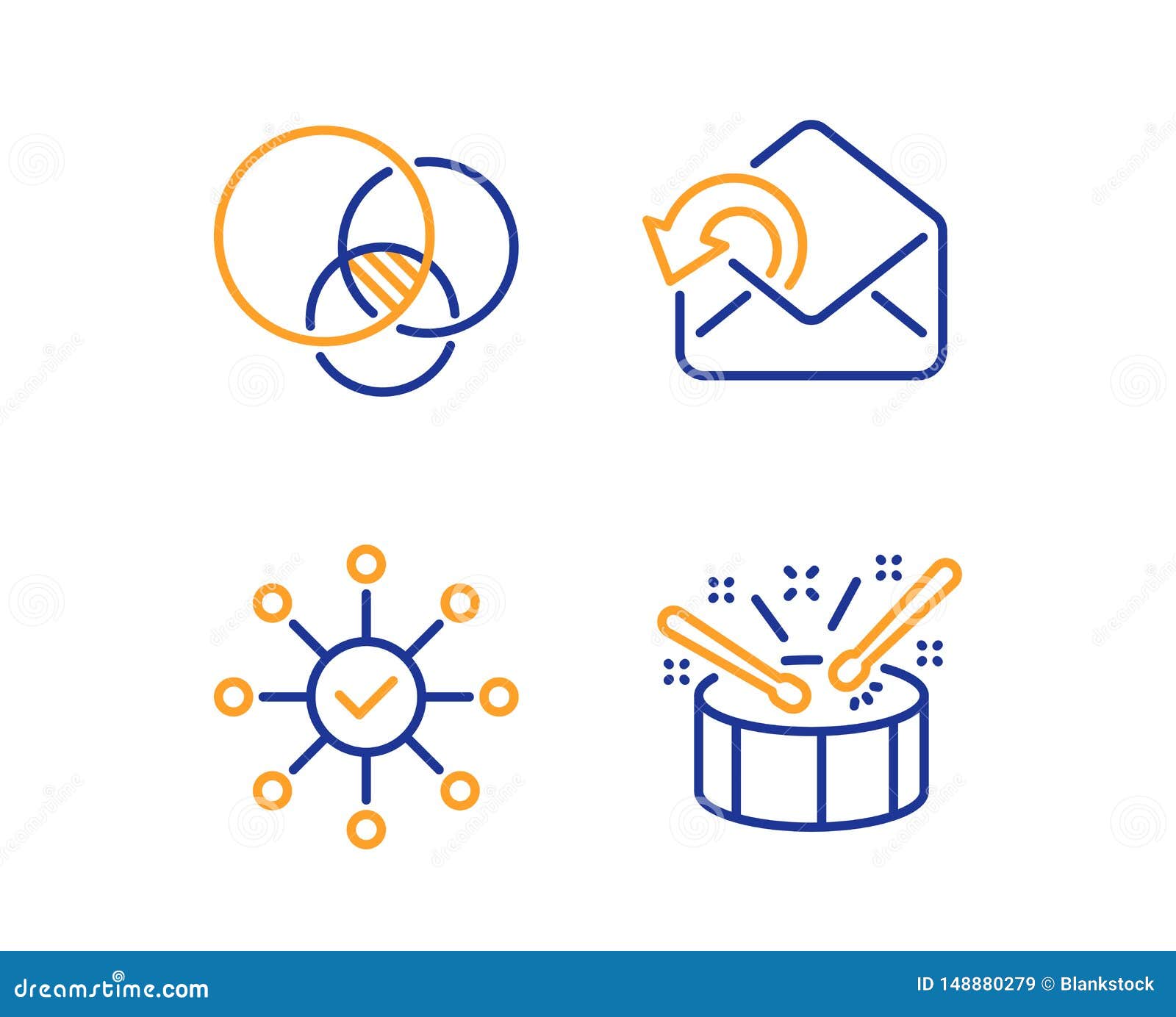 Euler Diagram, Send Mail and Survey Check Icons Set. Drums Sign. Vector ...