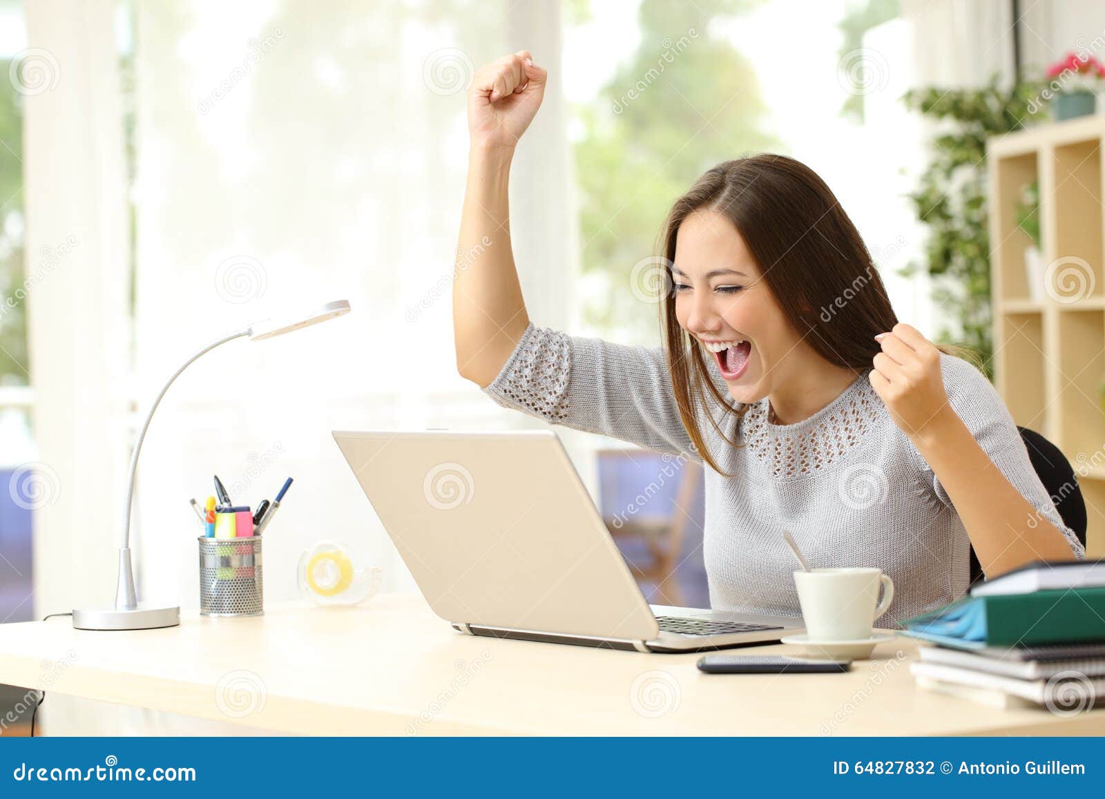 Euphoric Winner Winning at Home Stock Photo - Image of funny, desk ...
