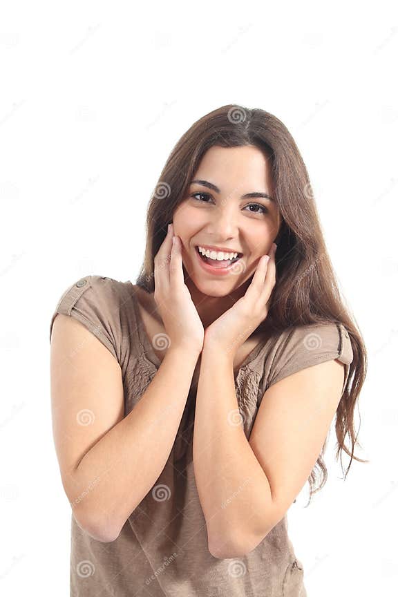 Euphoric Woman Expression with Her Hands on the Face Stock Photo ...