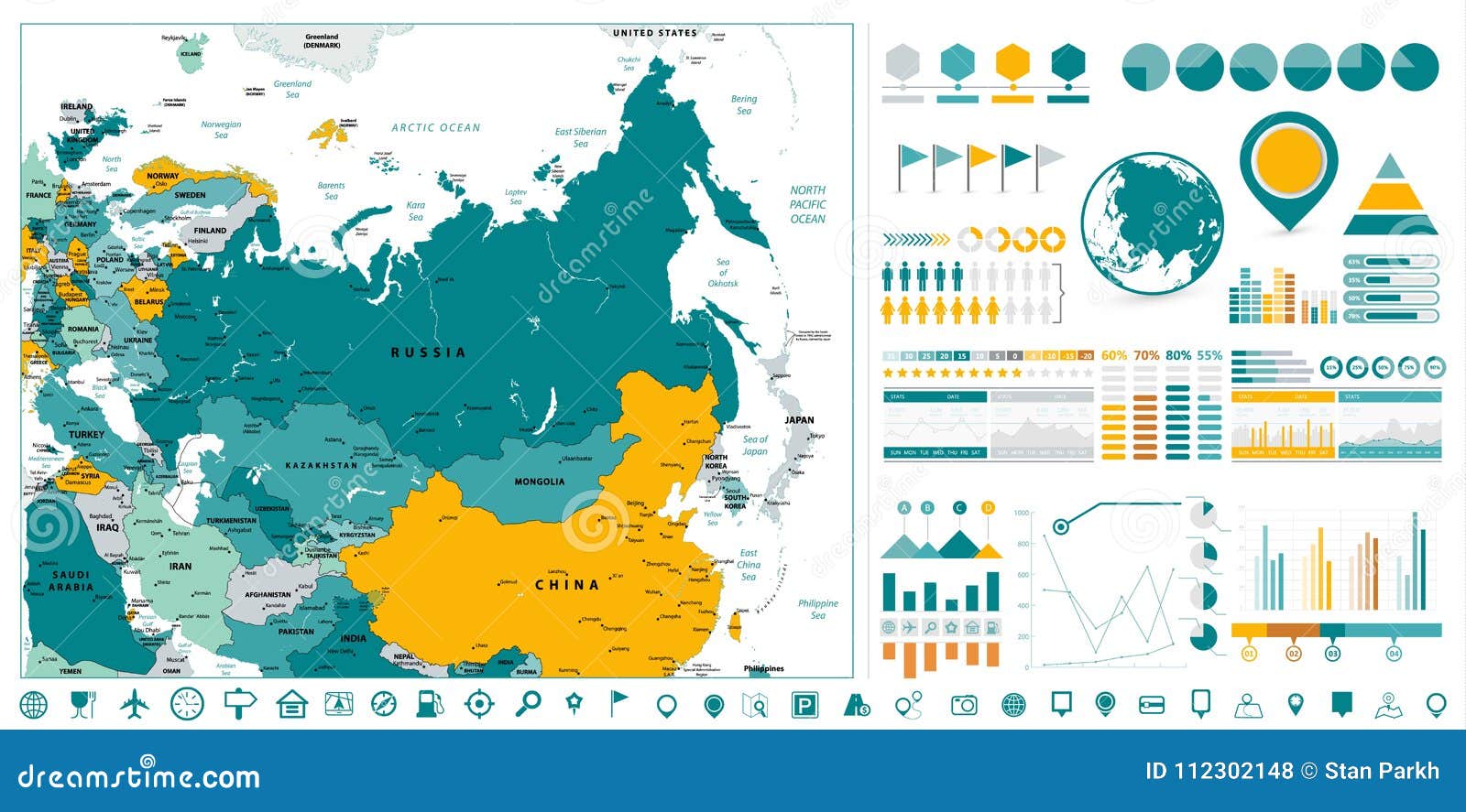 Eurasia Detailed Map and Infographics Design Elements. on White Stock ...