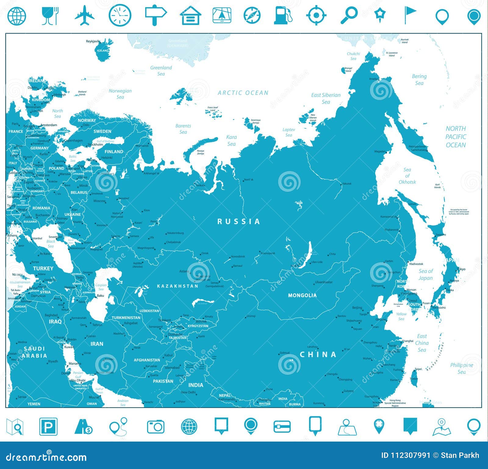 Eurasia Detailed Map And Colorful Map Pointers. Cartoon Vector ...