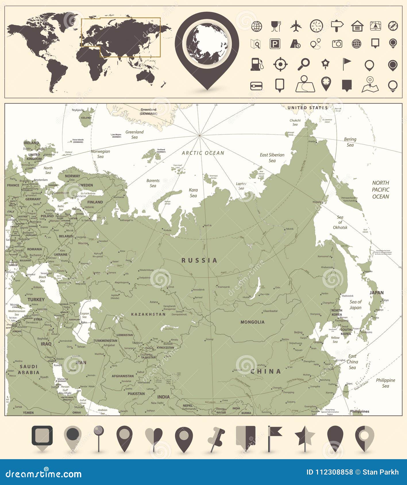 Eurasia Map And World Map With Navigation Icons Vector Illustration ...