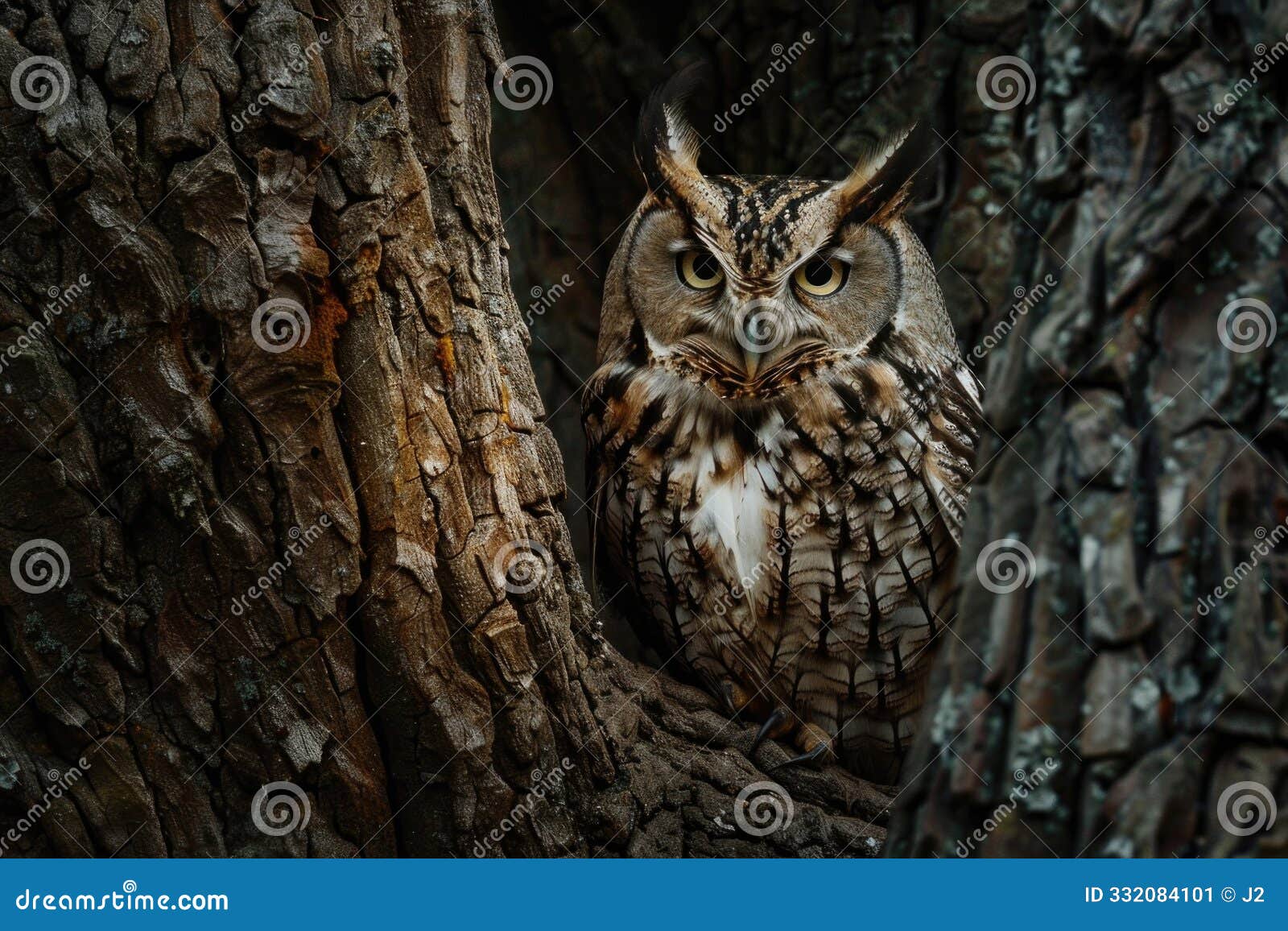 Eurasian Eagle-owl Blends Seamlessly with Tree Bark, Displaying Its ...