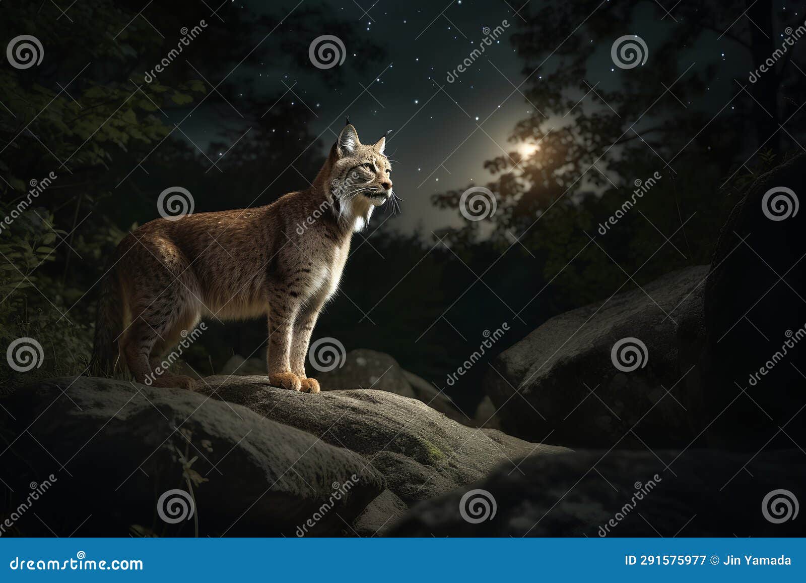 Eurasian Lynx Standing on a Rock in the Forest at Night Stock ...