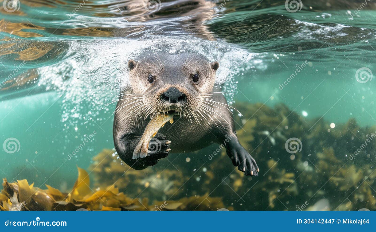 Otter With Fish Cartoon Vector | CartoonDealer.com #319470517