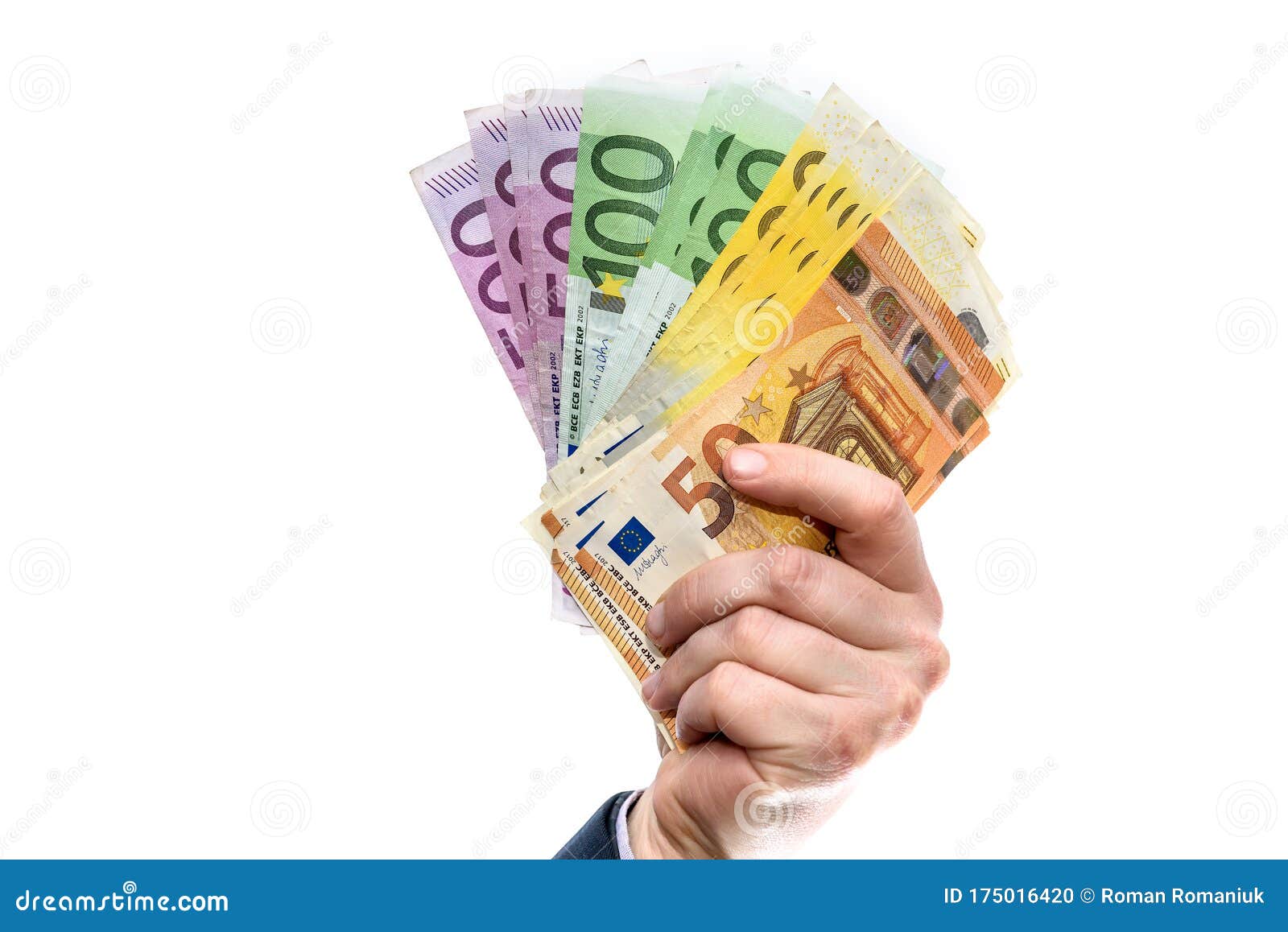 Euro Banknotes in Fan in Male Hand Stock Photo - Image of hand, fanned ...