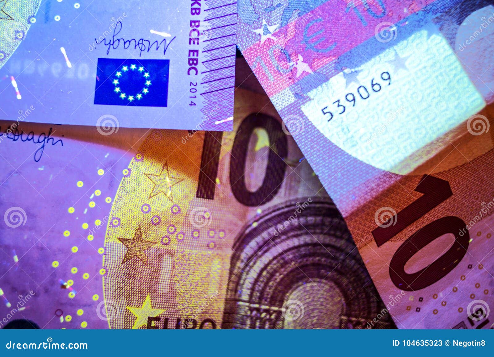 Euro Banknotes Illuminated with UV Light Stock Image - Image of ...