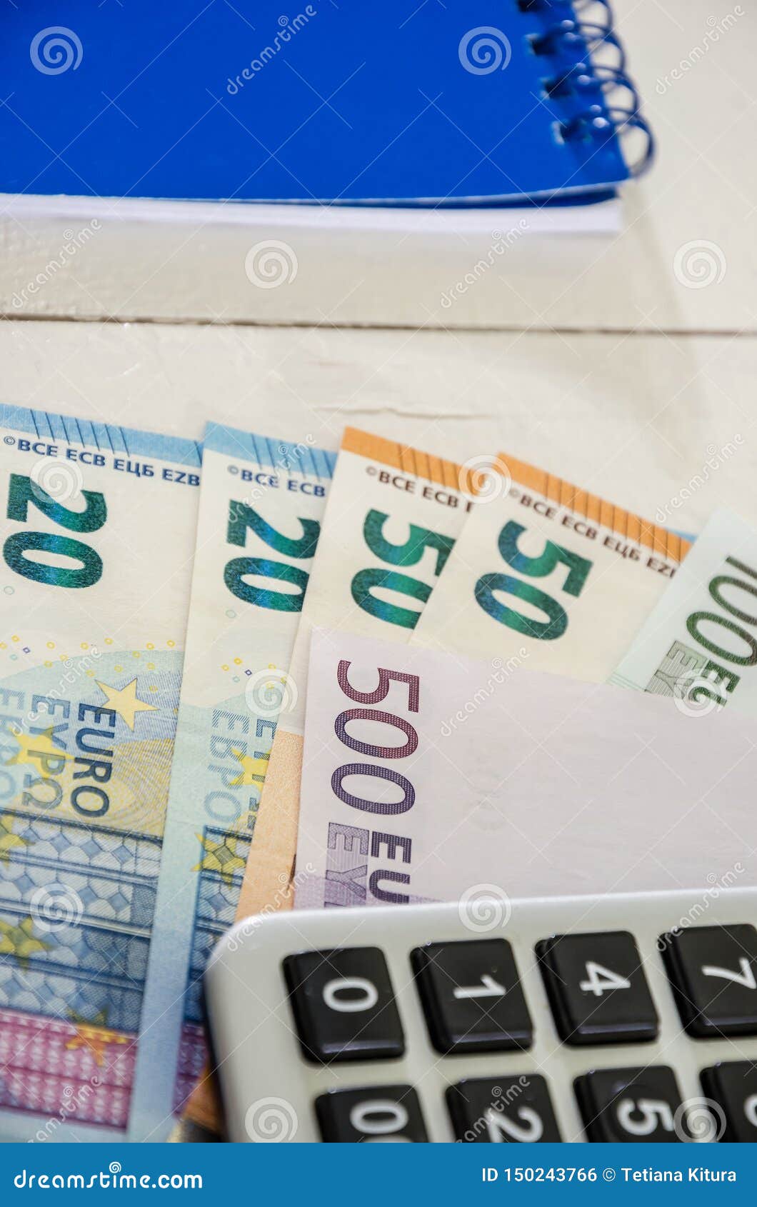 Euro Banknotes, Notepad and Part of Calculator on the Table. Close-up ...
