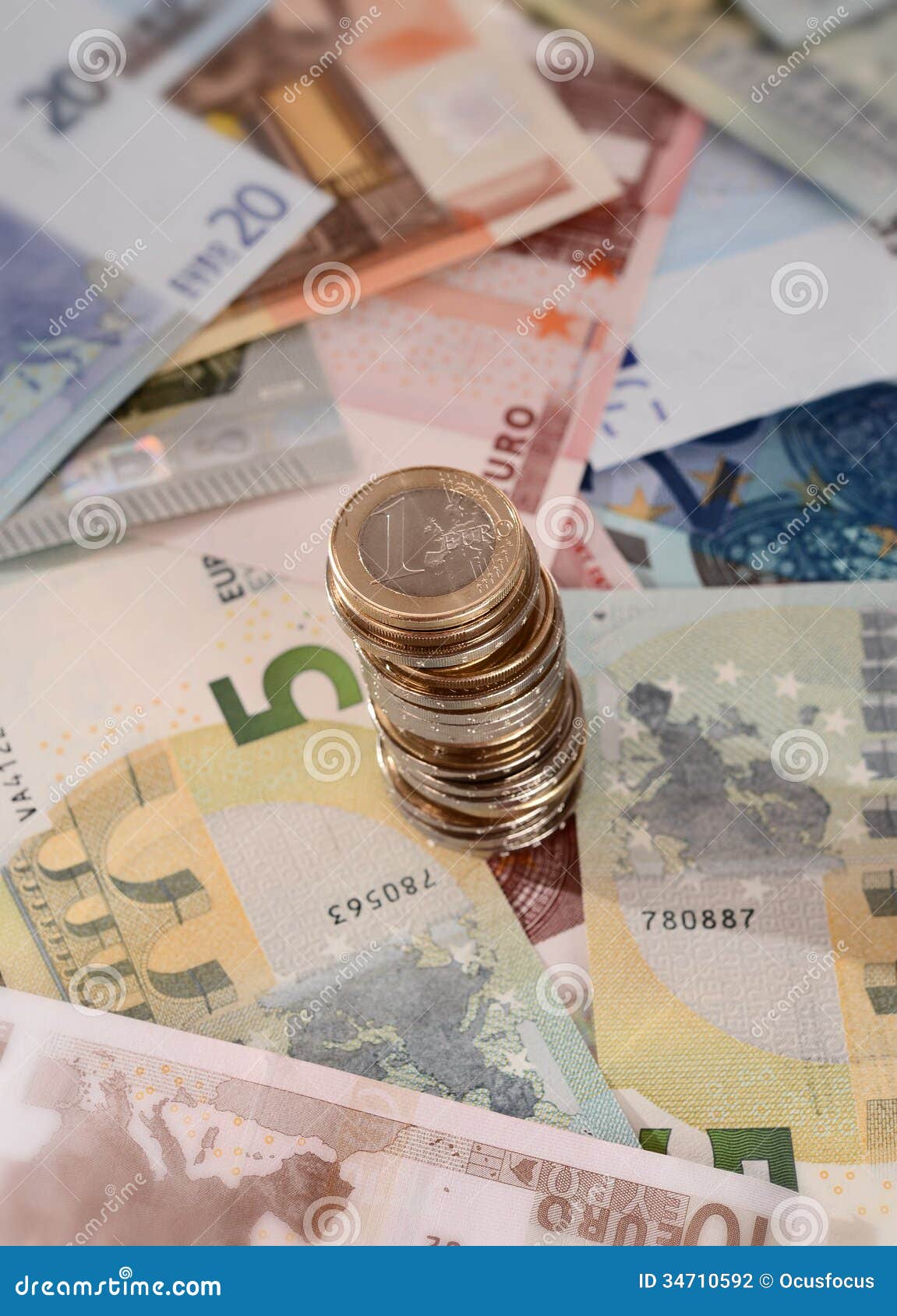 Euro Banknotes and Stack of Coins Isolated Stock Photo - Image of cash ...
