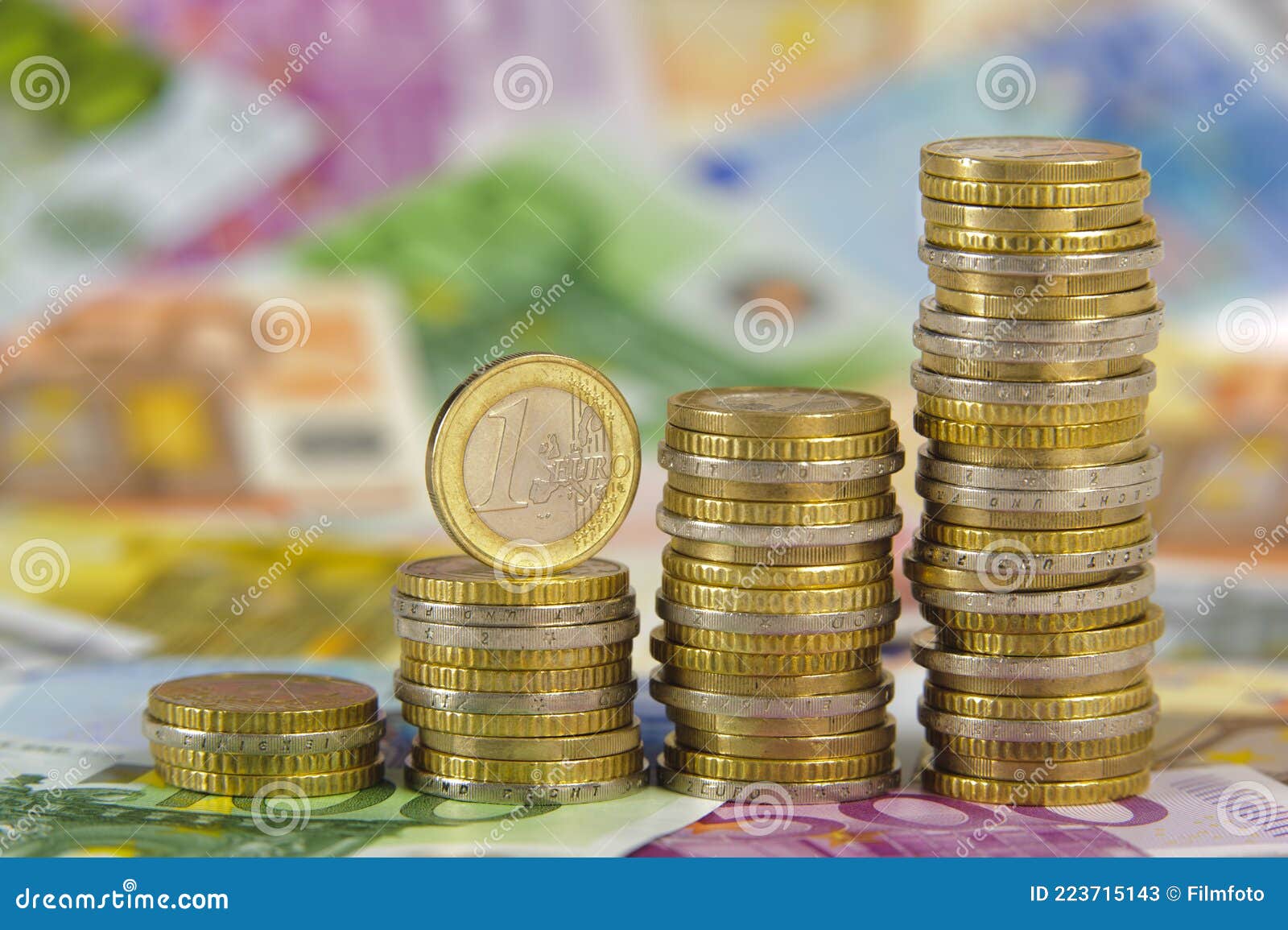 Euro Banknotes and Stacked Coins Stock Image - Image of closeup ...