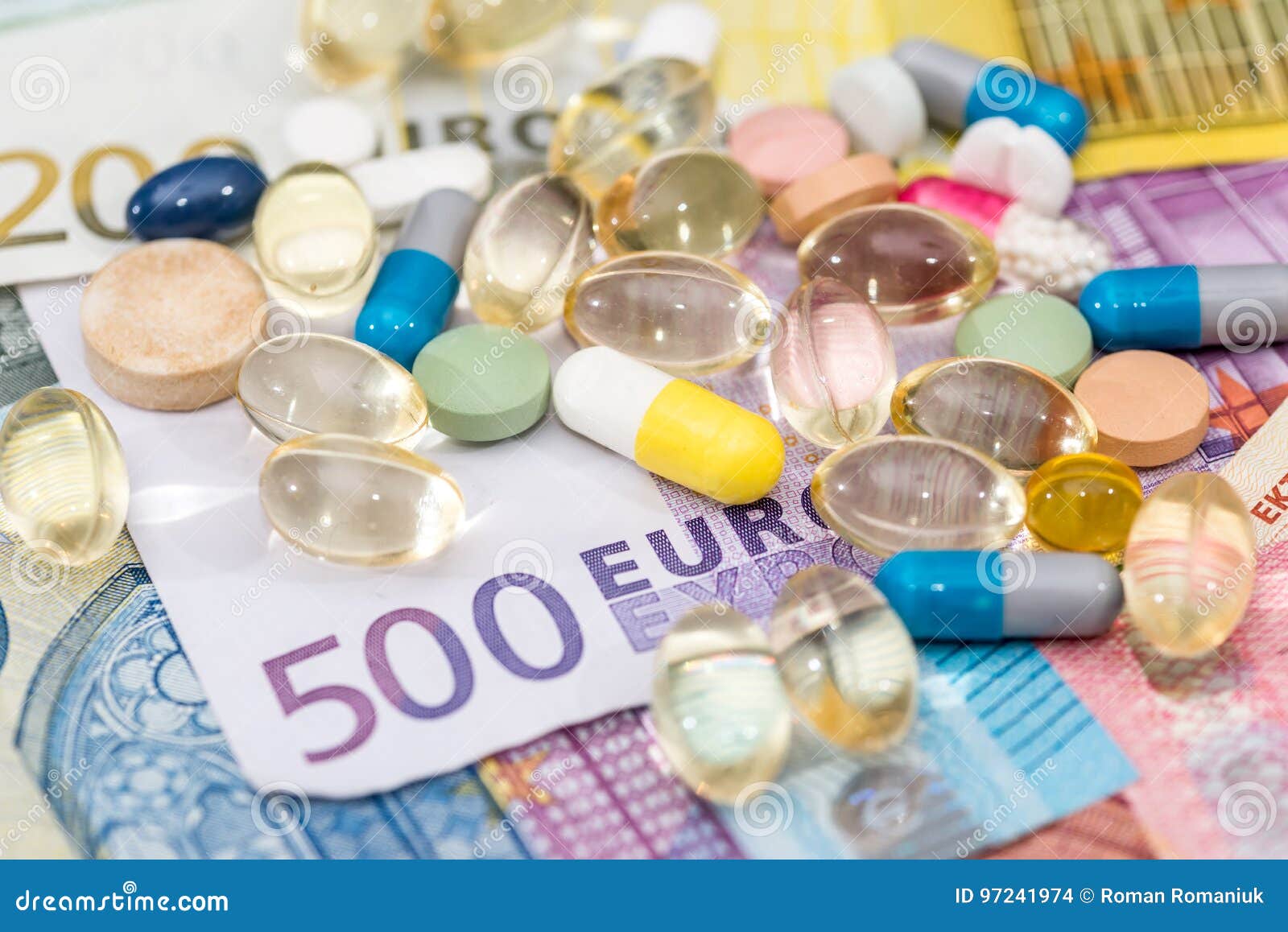 Euro Bills and Different Pill Stock Photo - Image of note, drug: 97241974