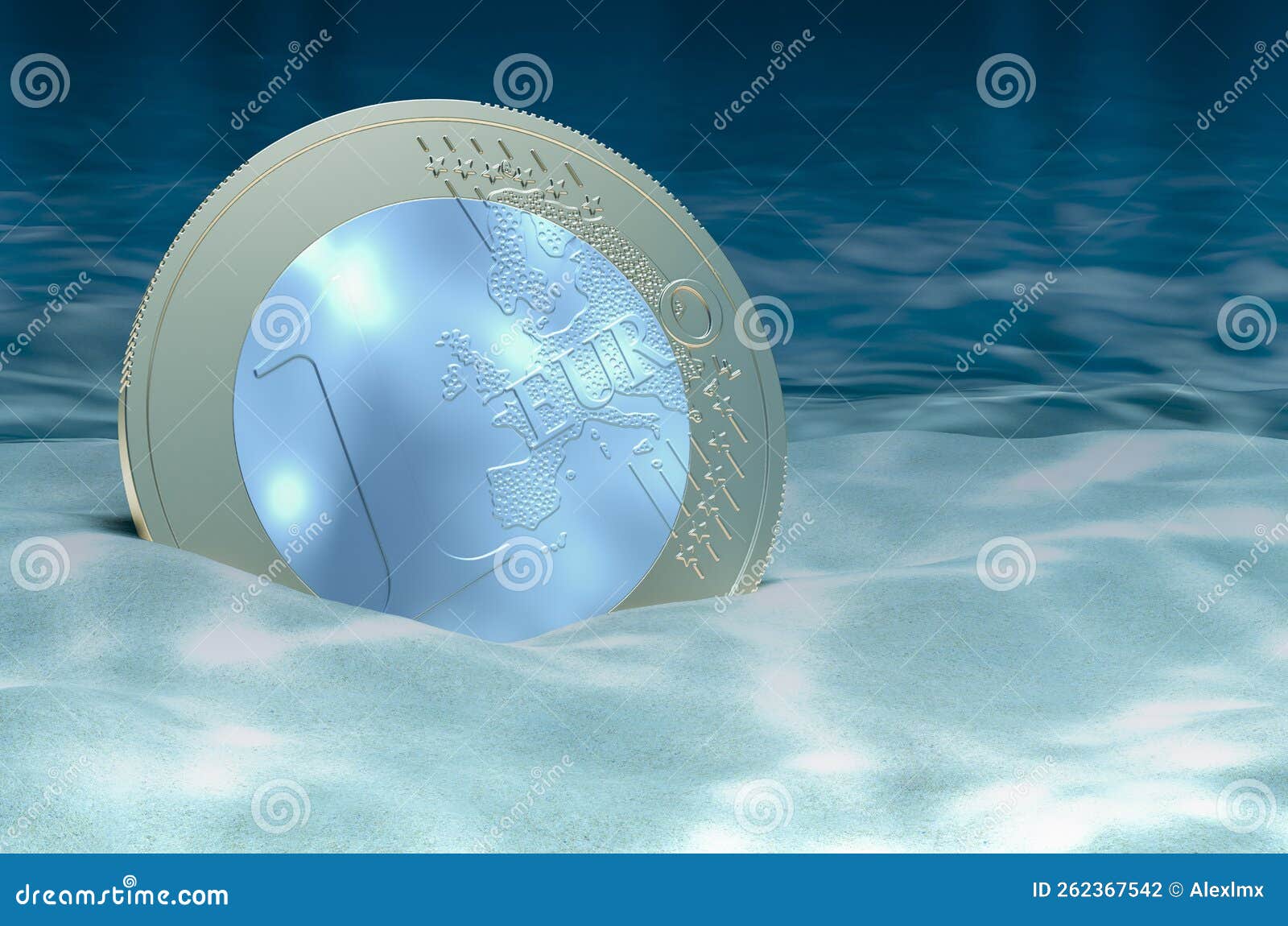 Euro Coin on Ocean Bottom Underwater, 3D Rendering Stock Illustration ...