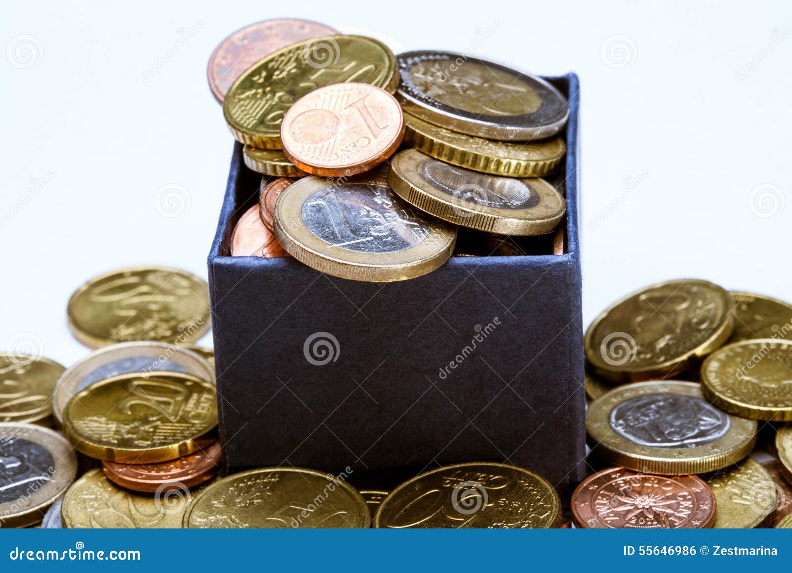 Euro coins in the blue box stock photo. Image of horizontal - 55646986