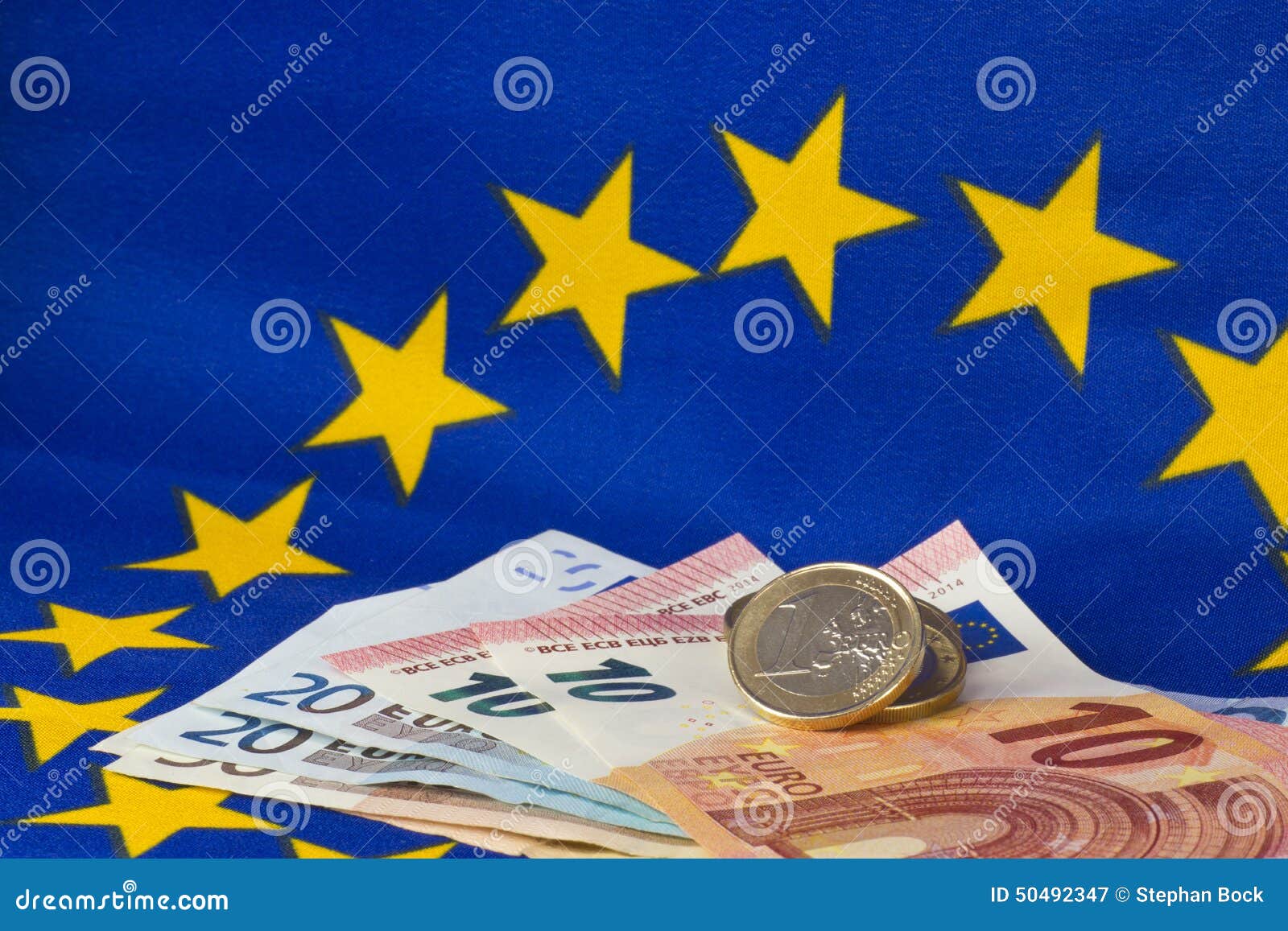 Euro Coins and Notes in Front of EU Flag Stock Image - Image of ...