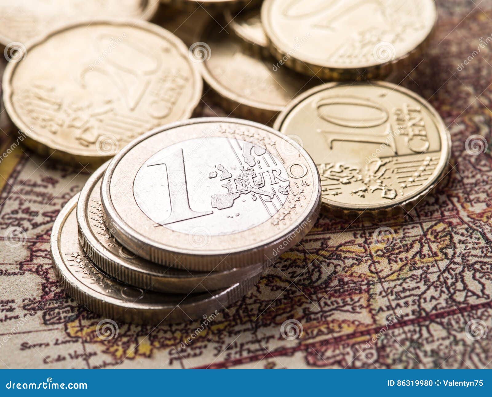 Euro Coins Over the Old World Map. Stock Photo - Image of gold, shine ...