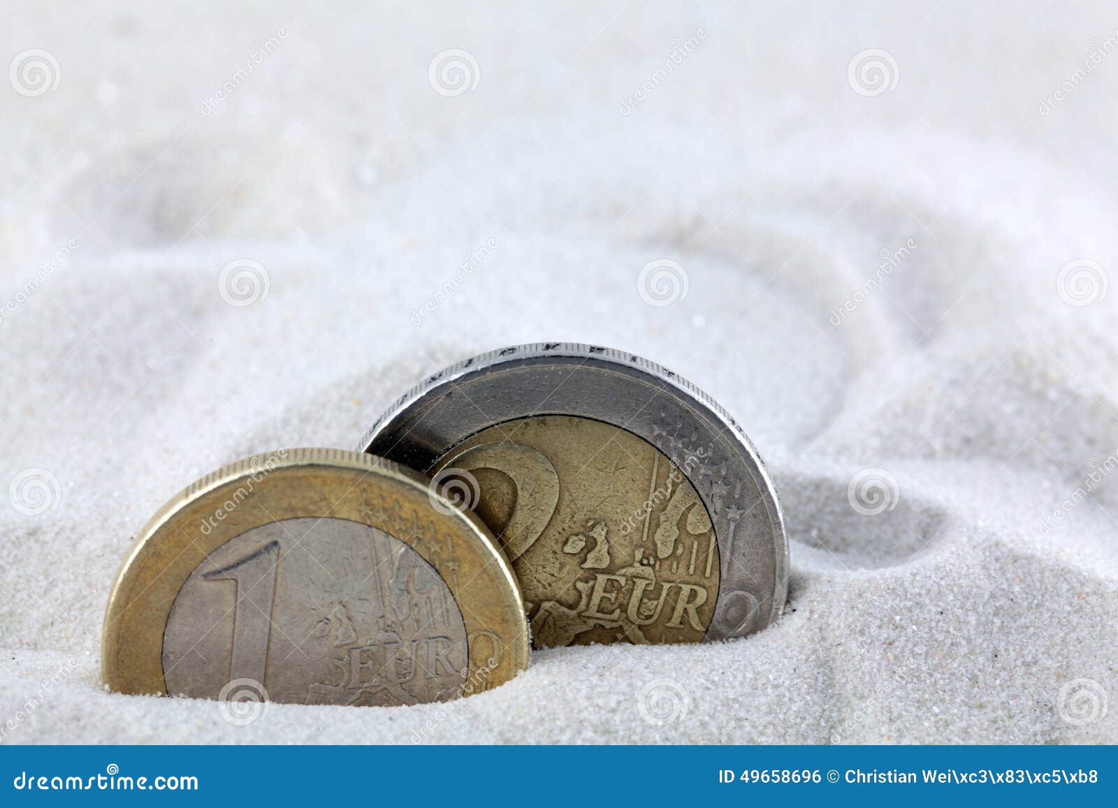 Euro coins in sand. stock photo. Image of banking, batch - 49658696