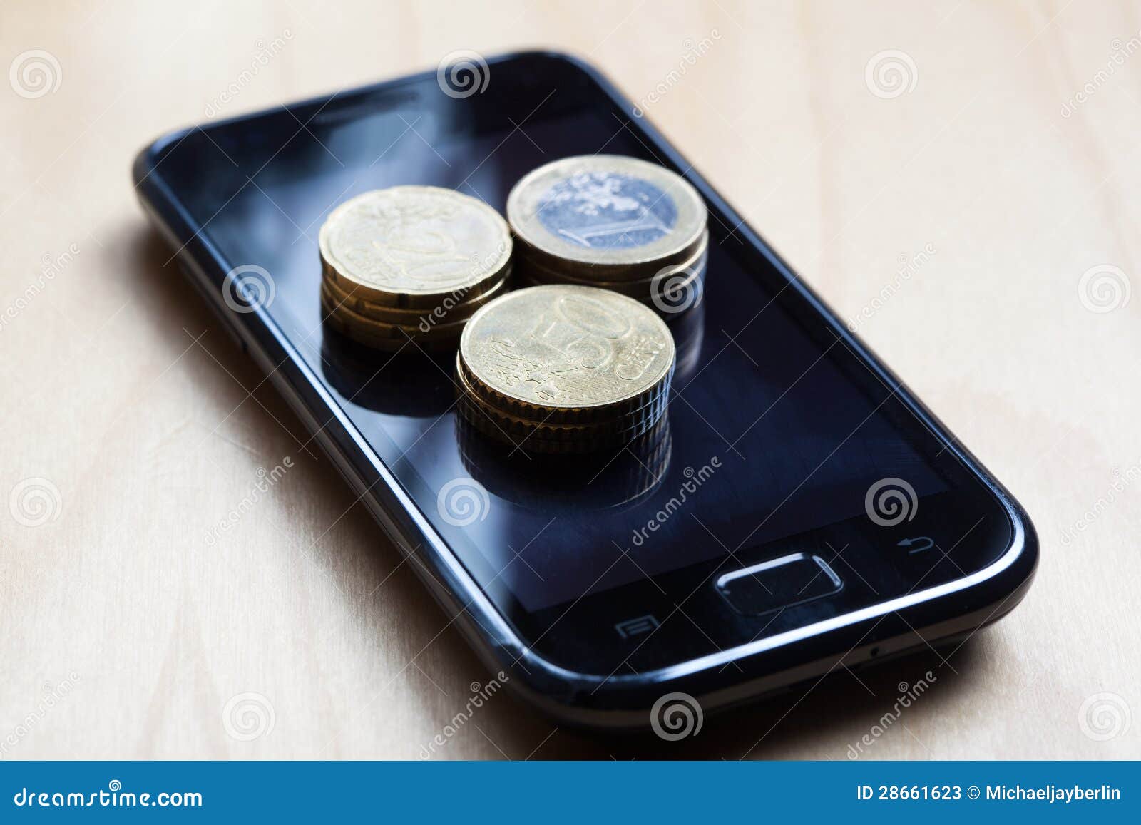 Euro Coins on Top of Cell Phone Stock Image - Image of business, copy ...