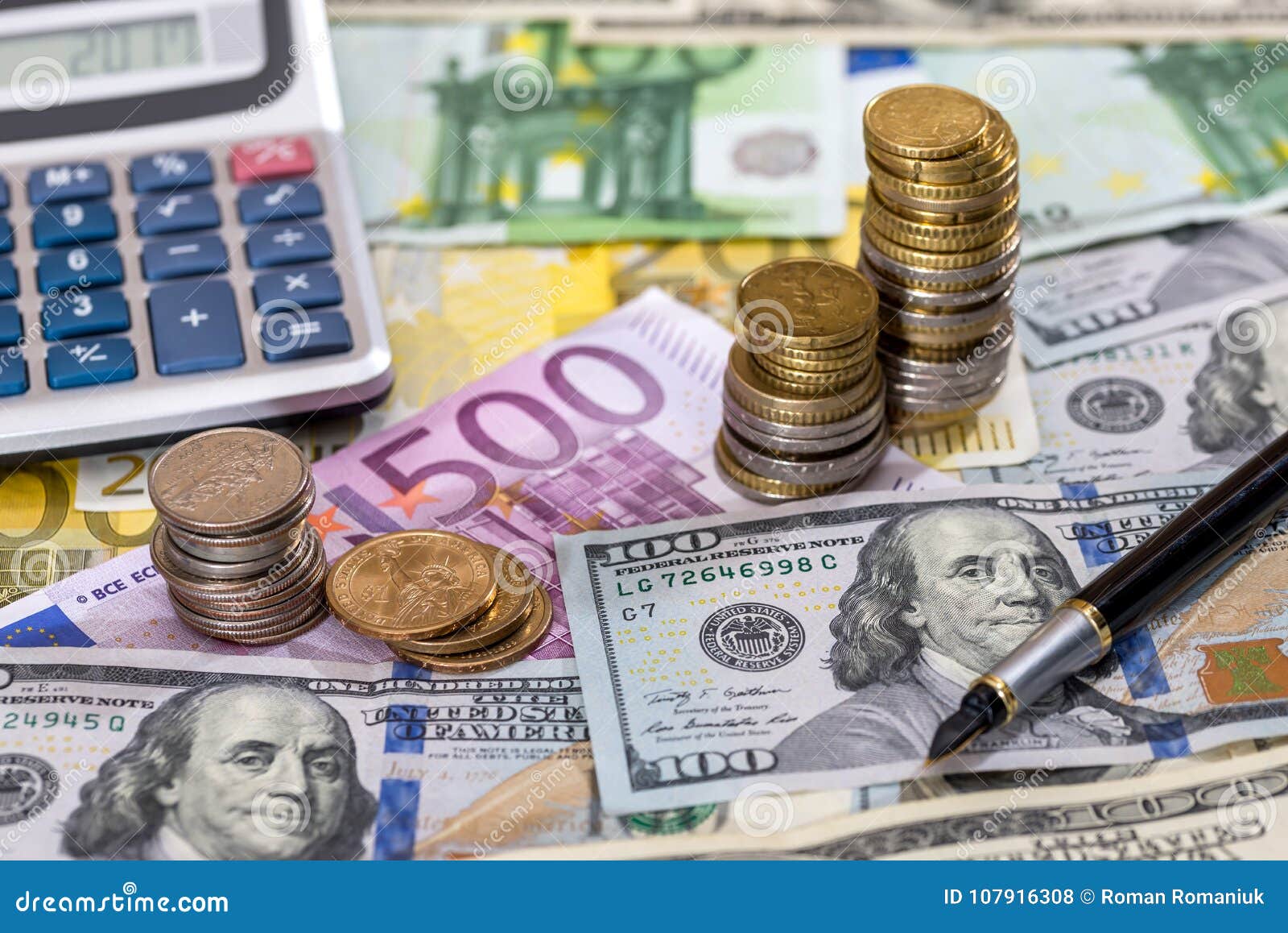 Euro and Dollar Bills with Pen, Coin Stock Photo - Image of pencil ...