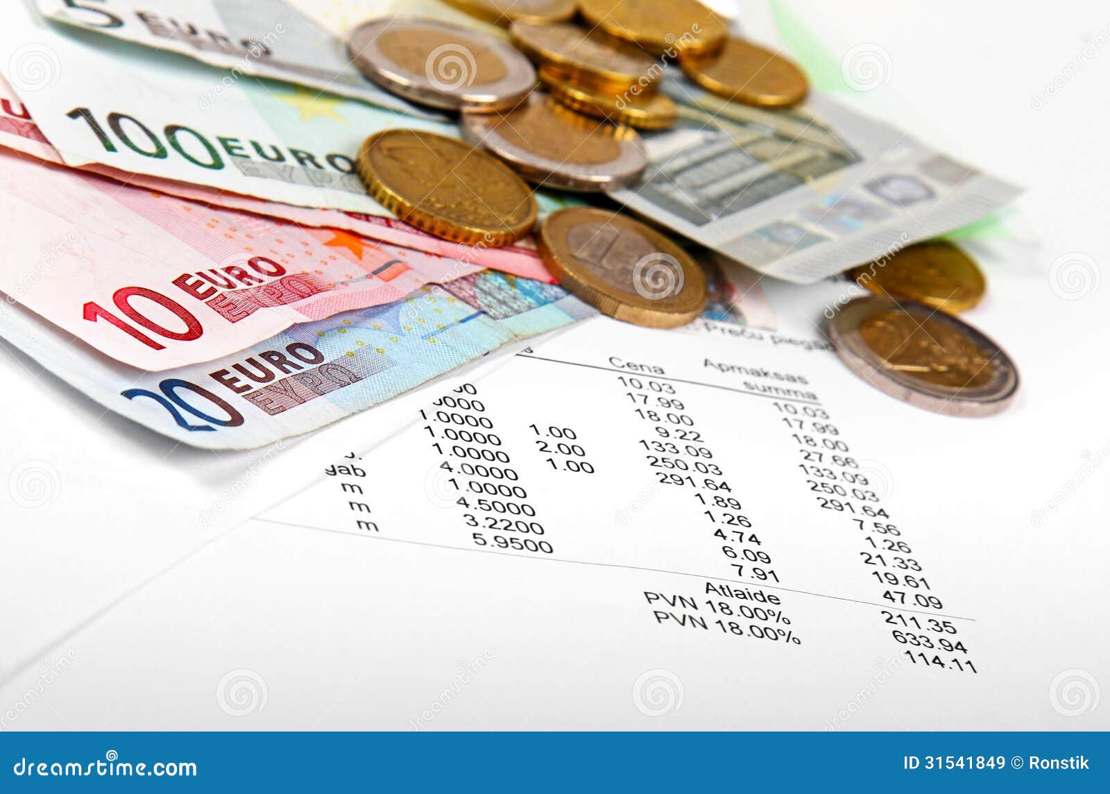 Euro Money Coins and Banknotes with Bill Stock Image - Image of budget ...