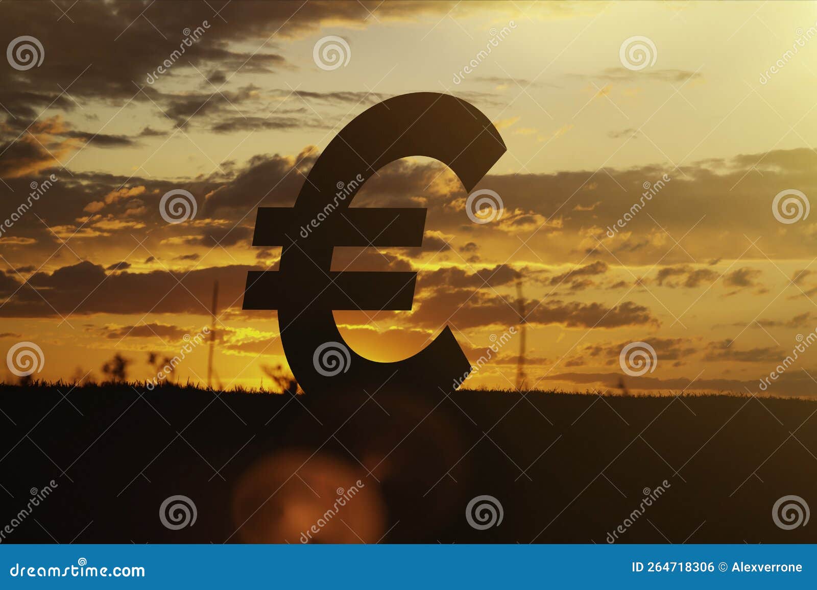 Euro Money Sign at Sunset in the Rays of the Setting Sun. Sunset ...
