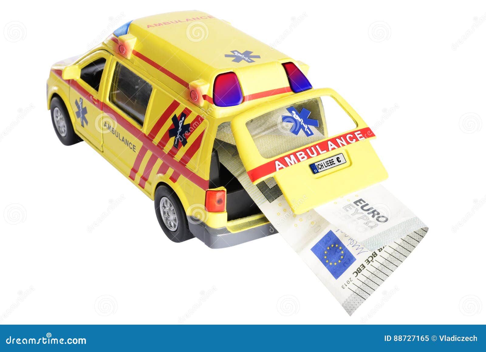 Euro Note Being Transported by an Ambulance Isolated on White Stock ...