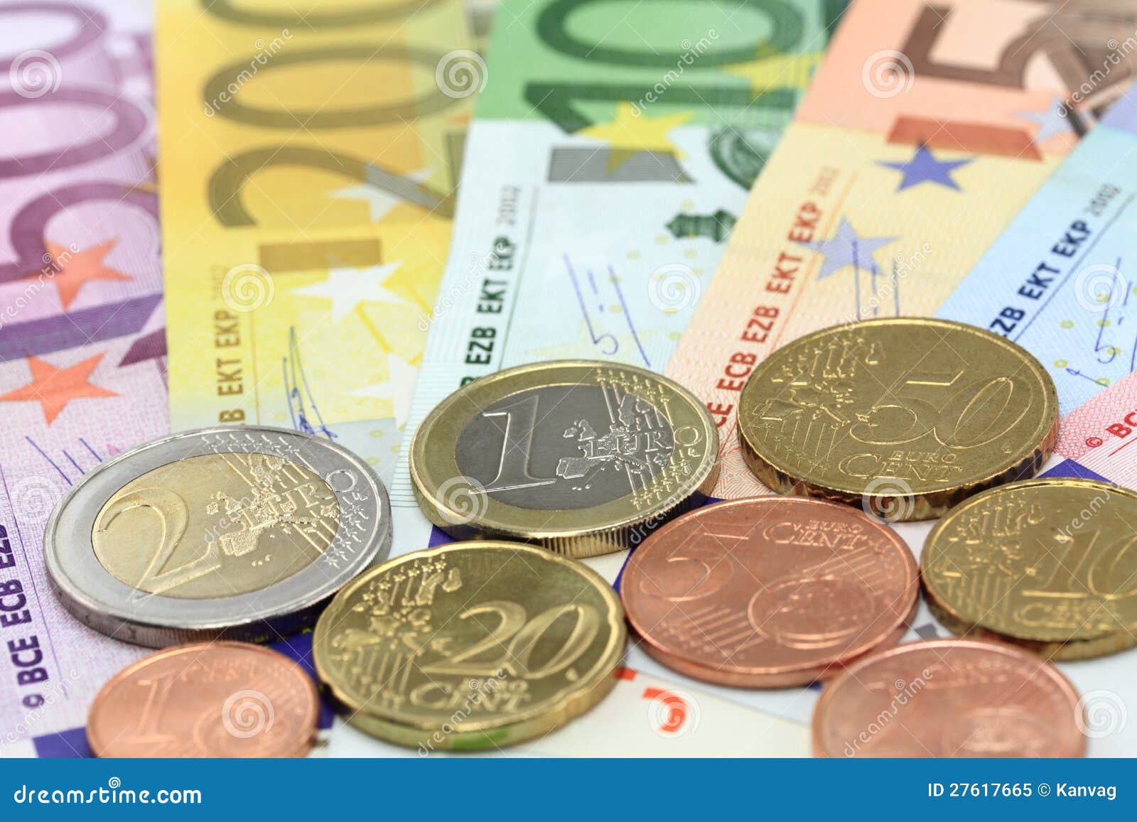 Euro notes and coins. stock image. Image of fifty, five - 27617665