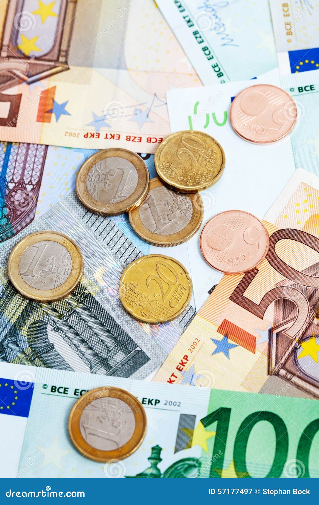 Euro notes and coins stock image. Image of currency, coins - 57177497