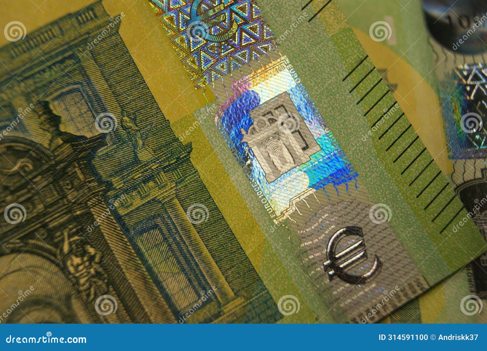 Euro Symbol. a Fragment of a 100 Euro Banknotes with a Hologram. Stock ...