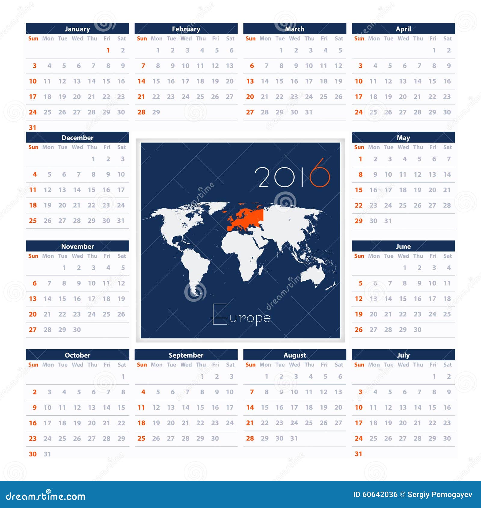 Europe 2016 Calendar Vector Template Stock Vector - Illustration of ...