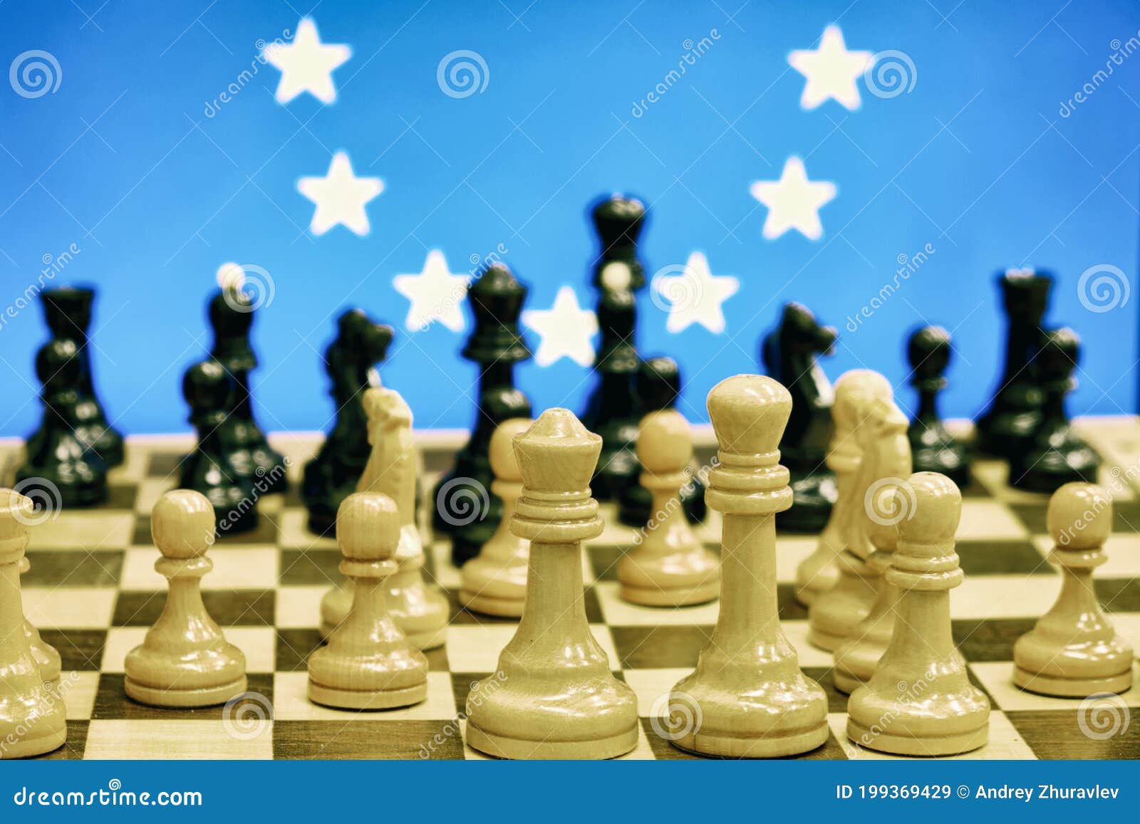 Europe Flag on the Background of Chess with Pieces on the Board Stock ...