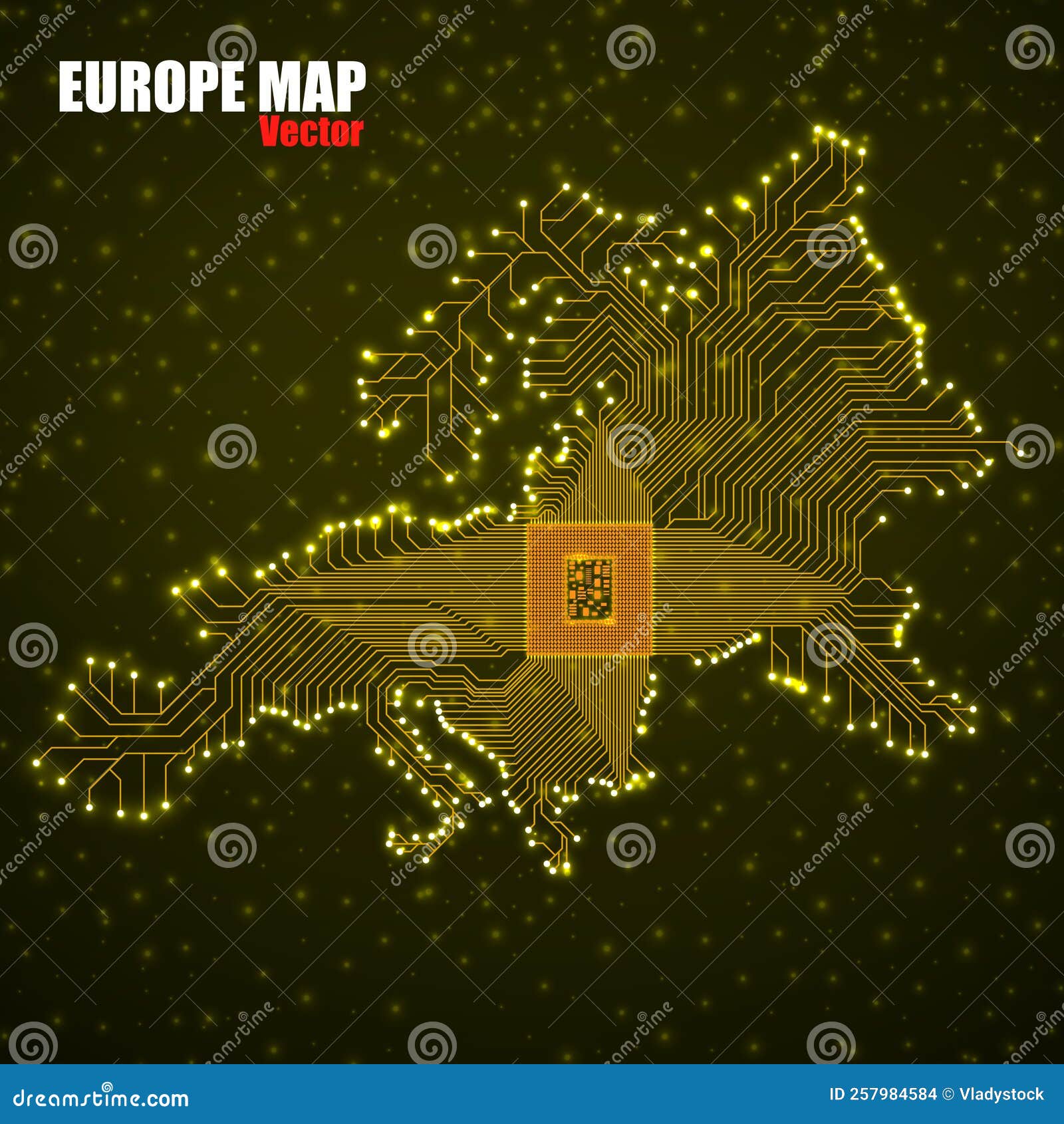 Europe Map With Cpu. Glowing Circuit Board. Neon Technology Background ...