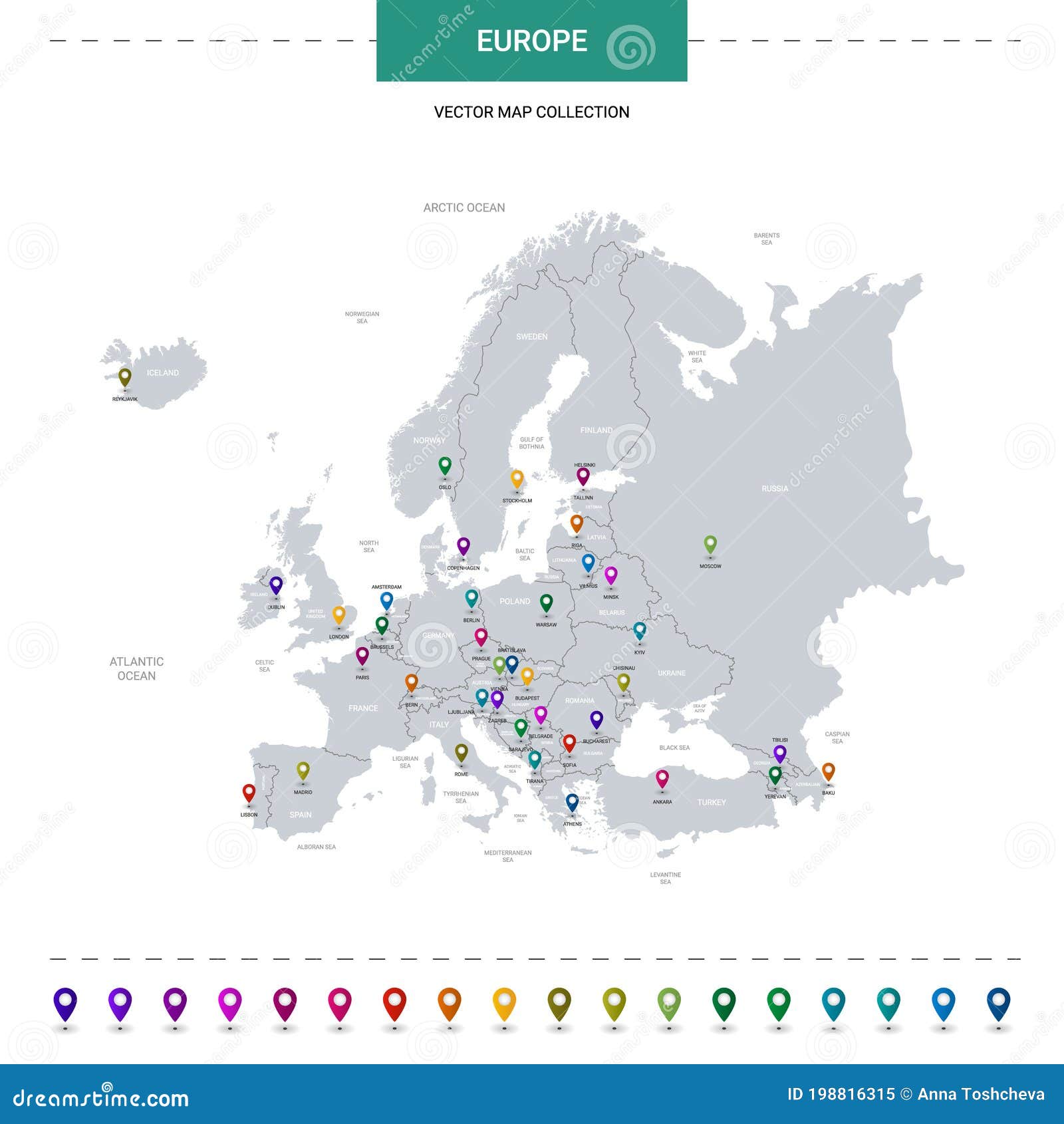 Europe Map with Location Pointer Marks. Stock Vector - Illustration of ...
