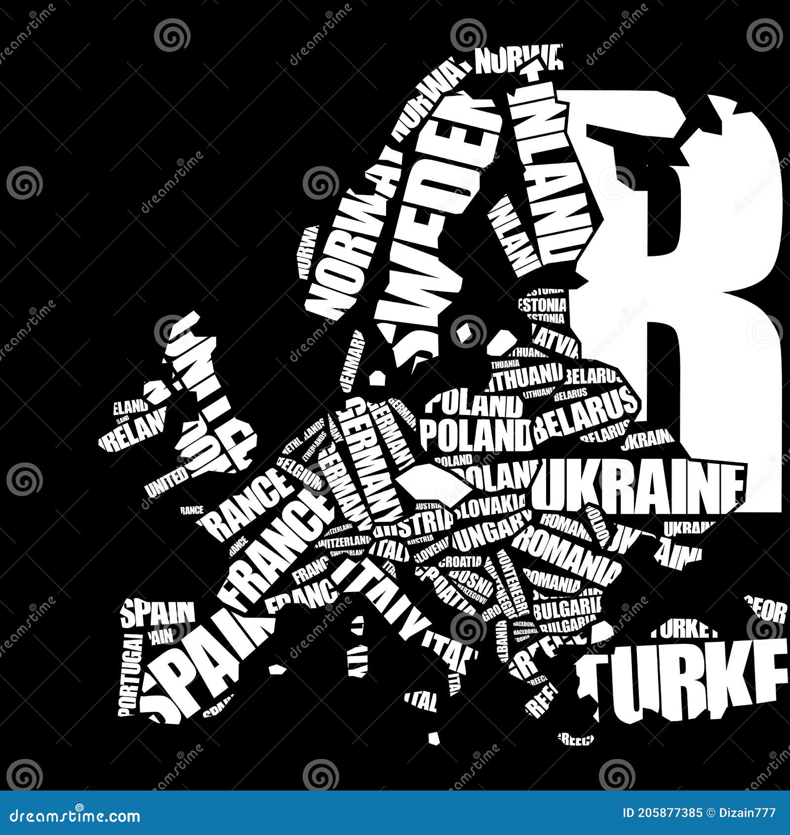 Europe Map in Typography Word Cloud Stock Illustration - Illustration ...
