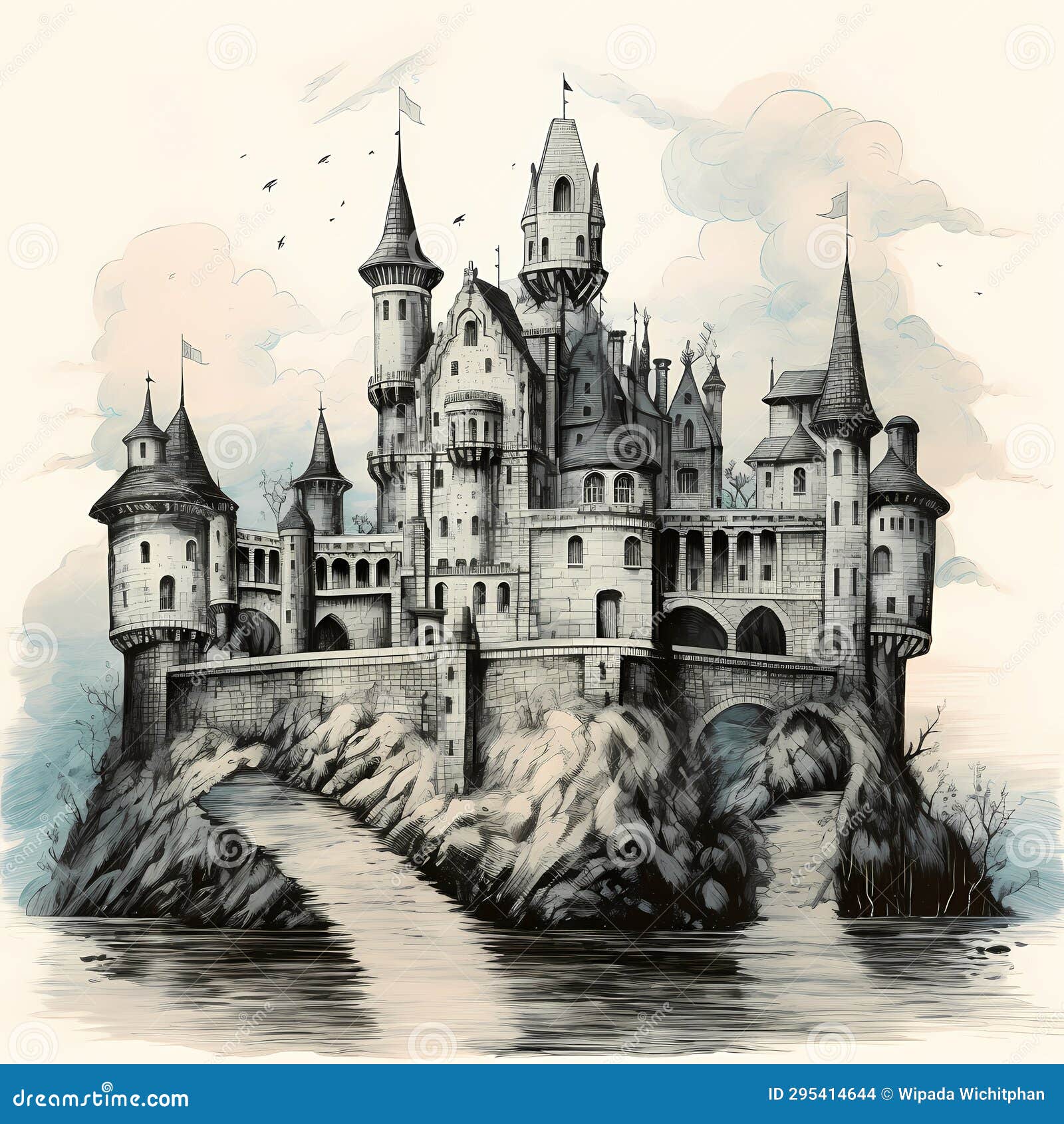Europe Style Castle in Rough Hand Drawn Style Stock Illustration ...