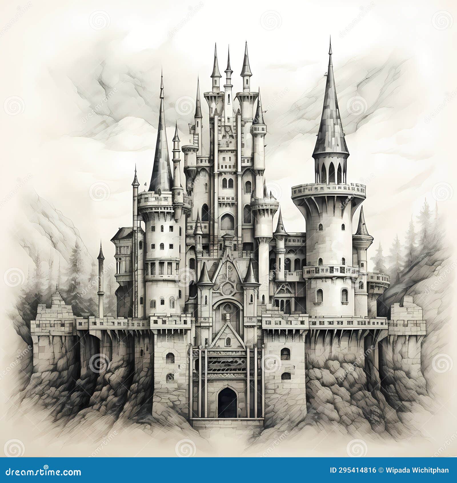Europe Style Castle in Rough Hand Drawn Style Stock Illustration ...