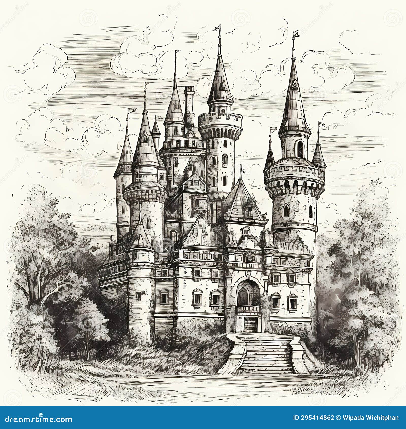 Europe Style Castle in Rough Hand Drawn Style Stock Illustration ...