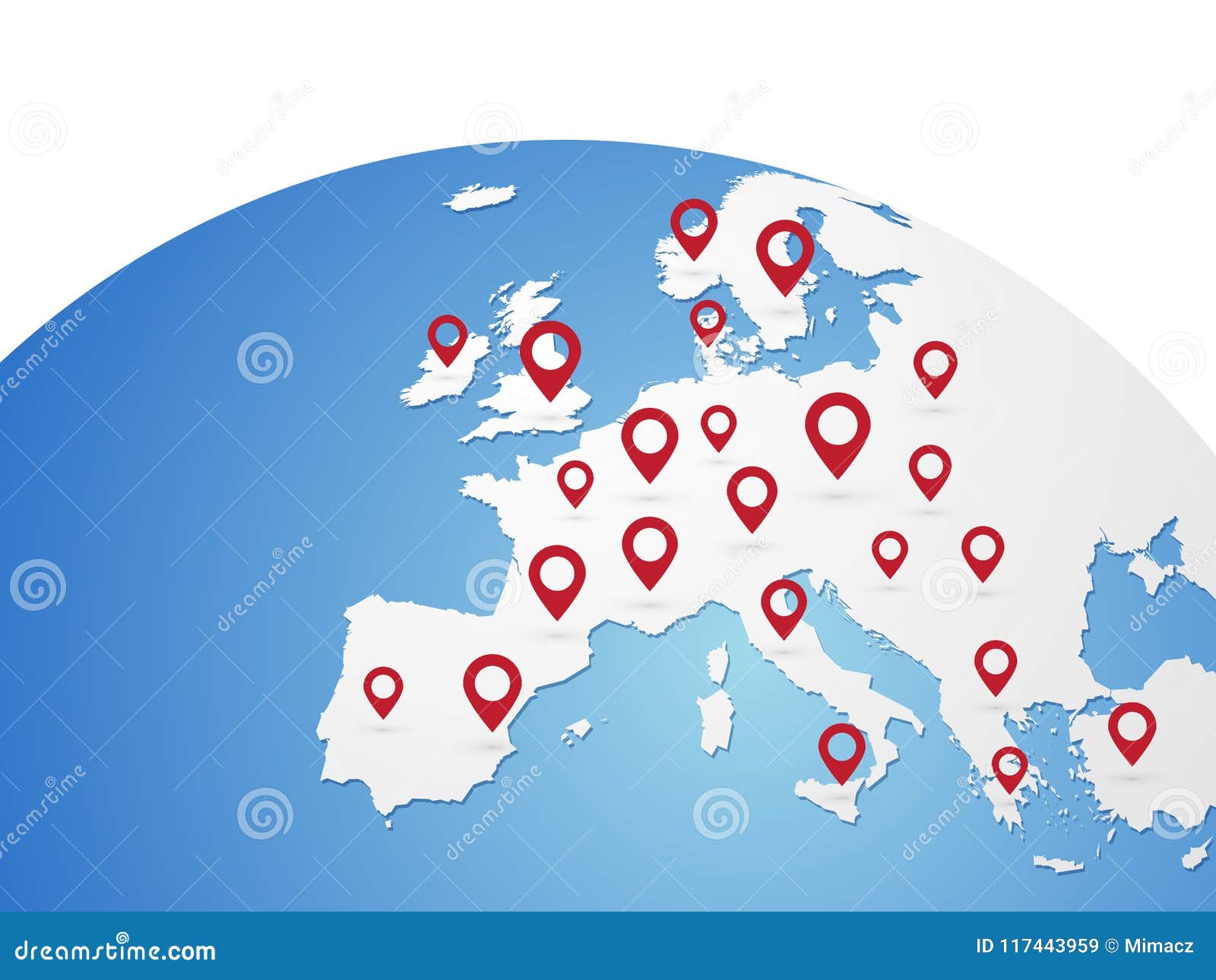 Europe Vector Map on World Globe with Red Pins Stock Vector ...