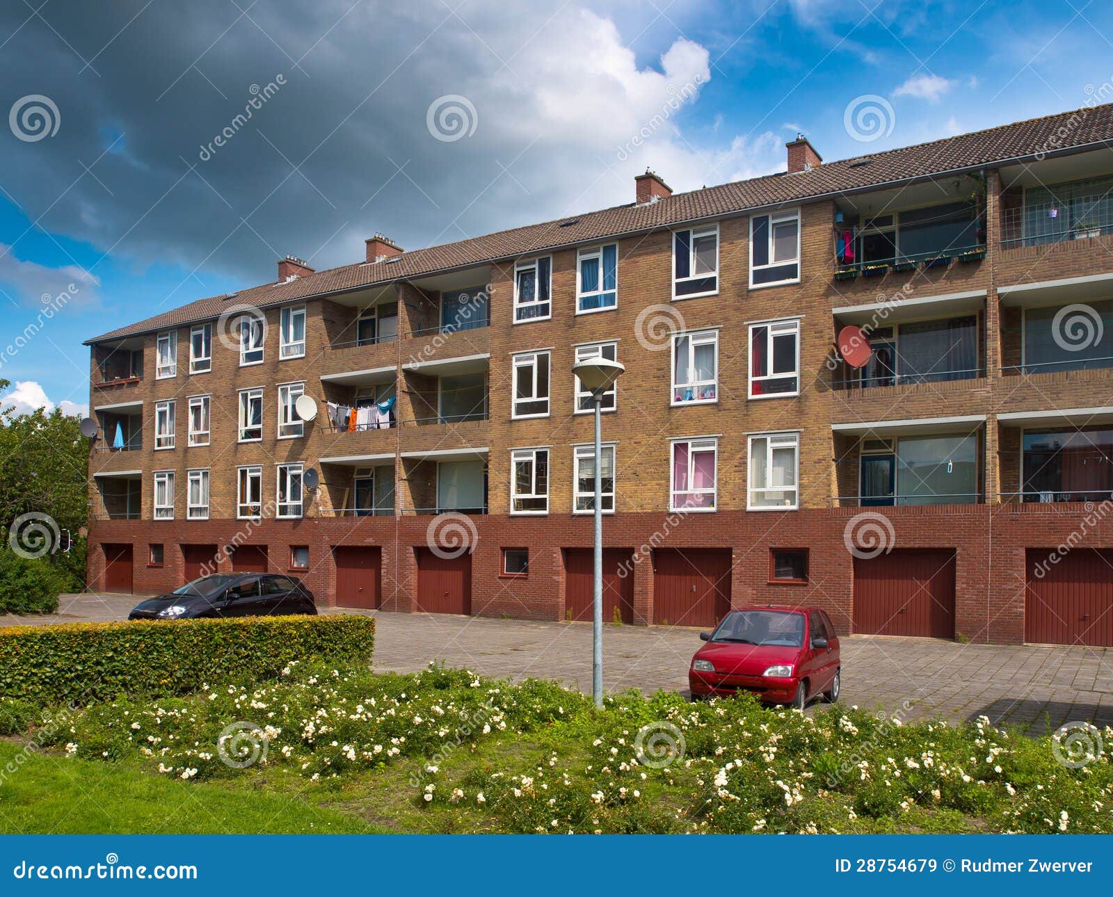 Common Apartment Building Symmetry Facade Of Front Side With Balcony ...