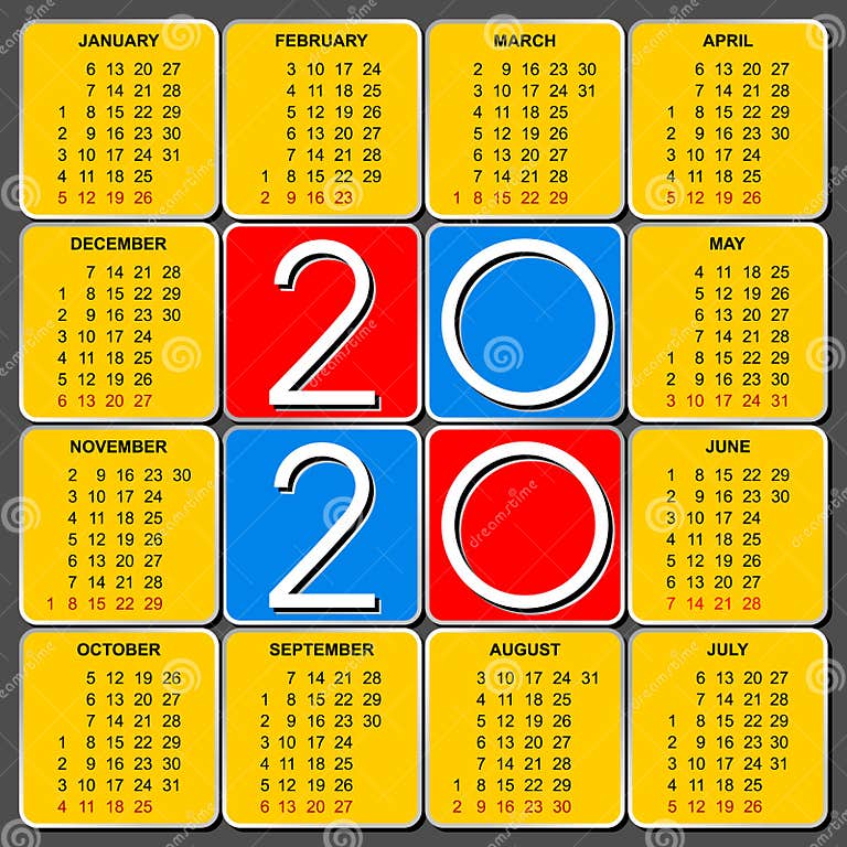 European Calendar Grid for 2020 Stock Vector - Illustration of date ...