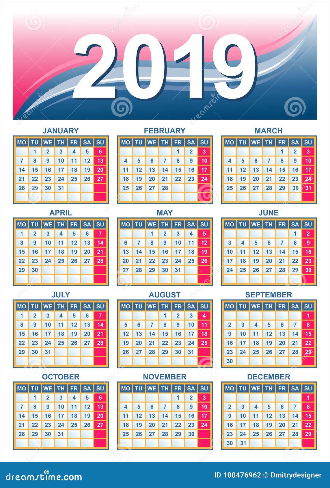 European Calendar Grid 2019 in Vector Stock Vector - Illustration of ...