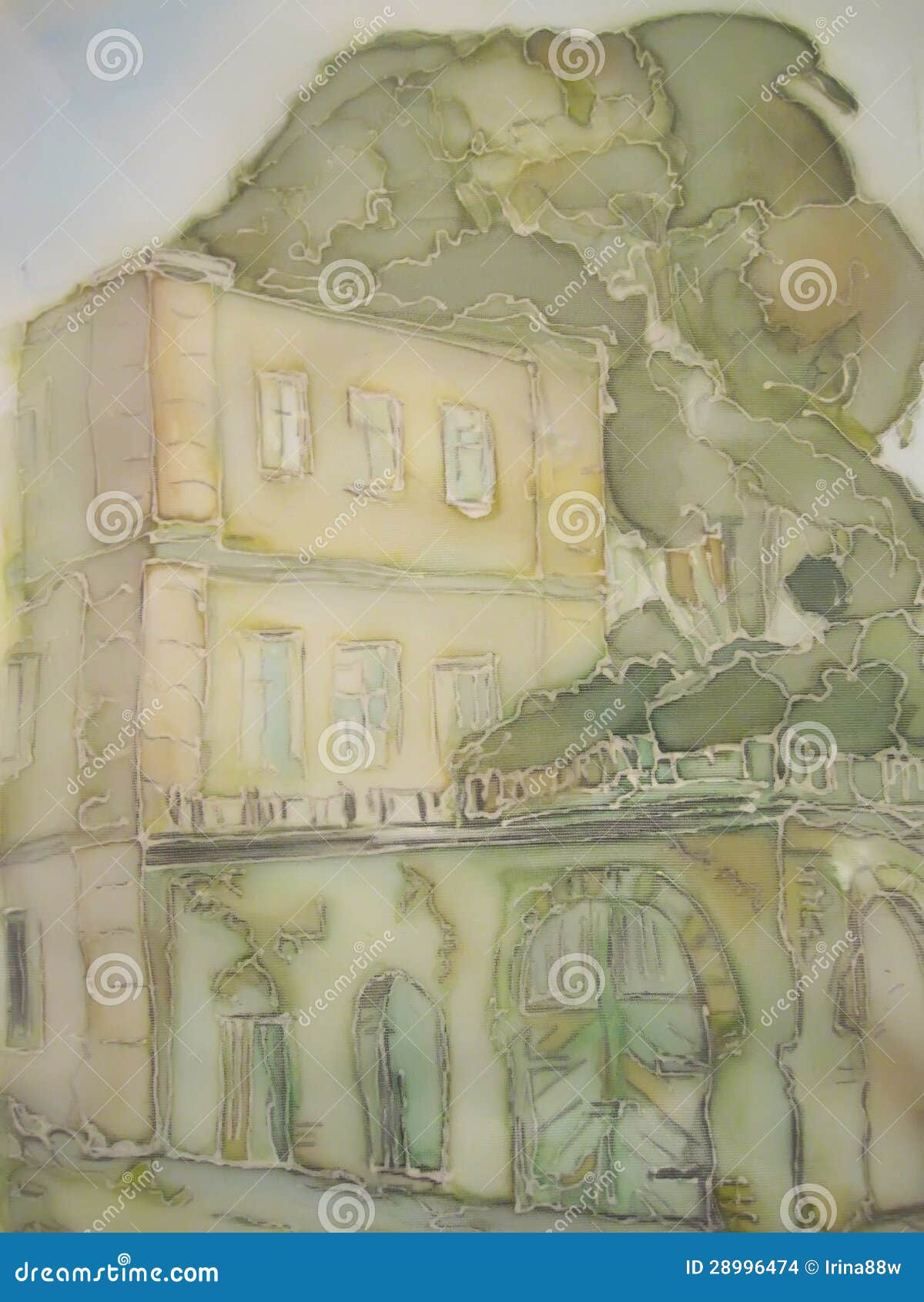 European Castle Abstract Painting on Silk. Stock Illustration ...