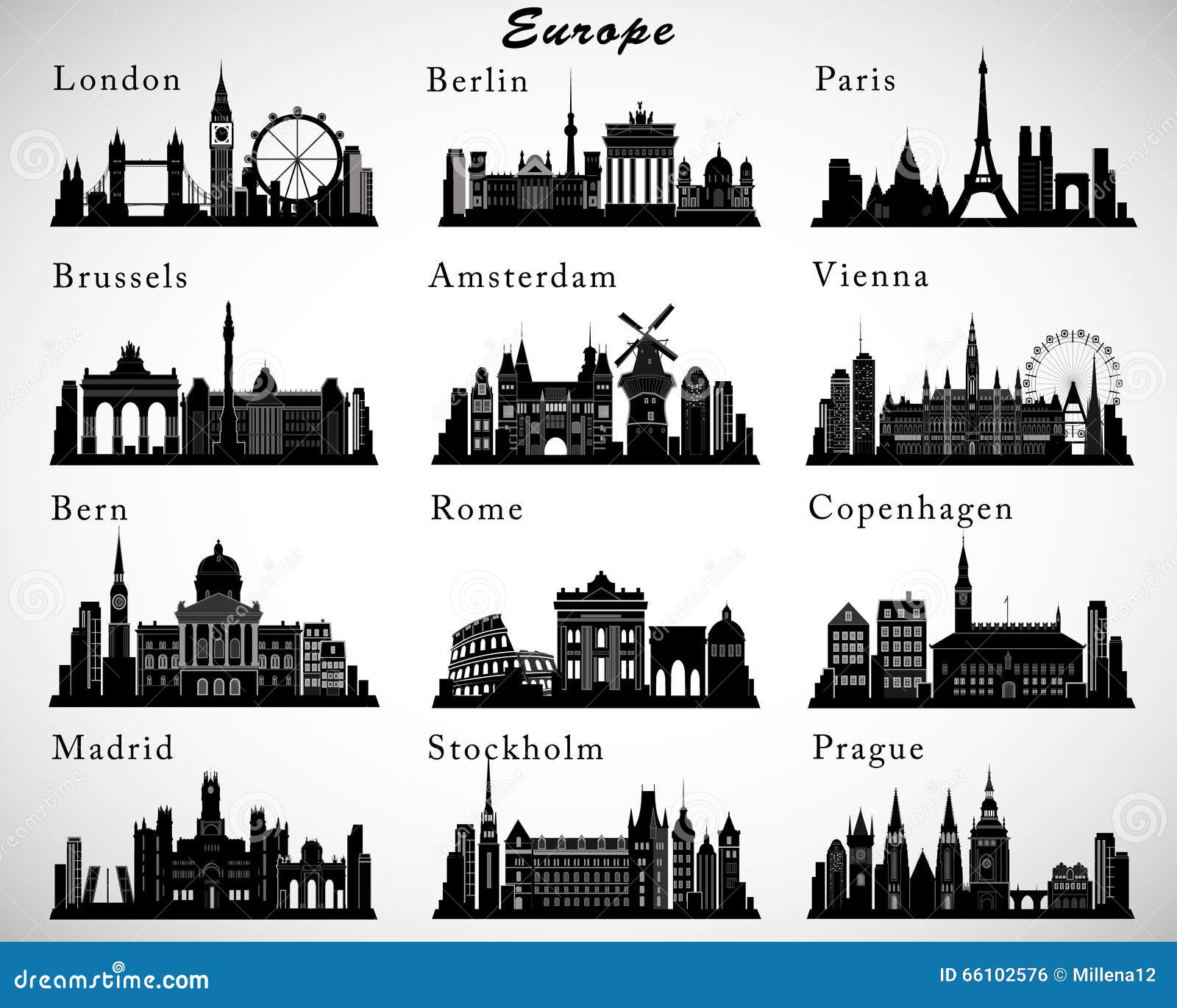 European Cities Skylines Set. Vector Silhouettes Stock Vector ...