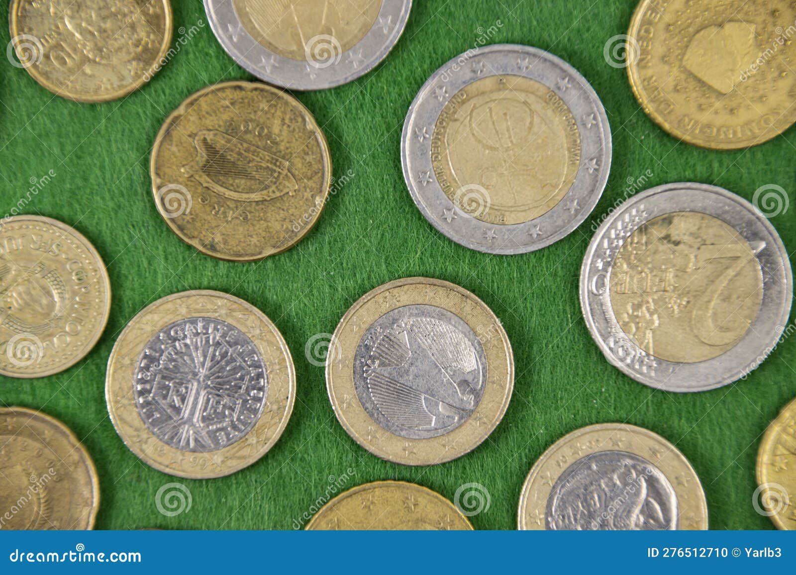 European Coins Pattern on Green Cloth, Top View Stock Photo - Image of ...
