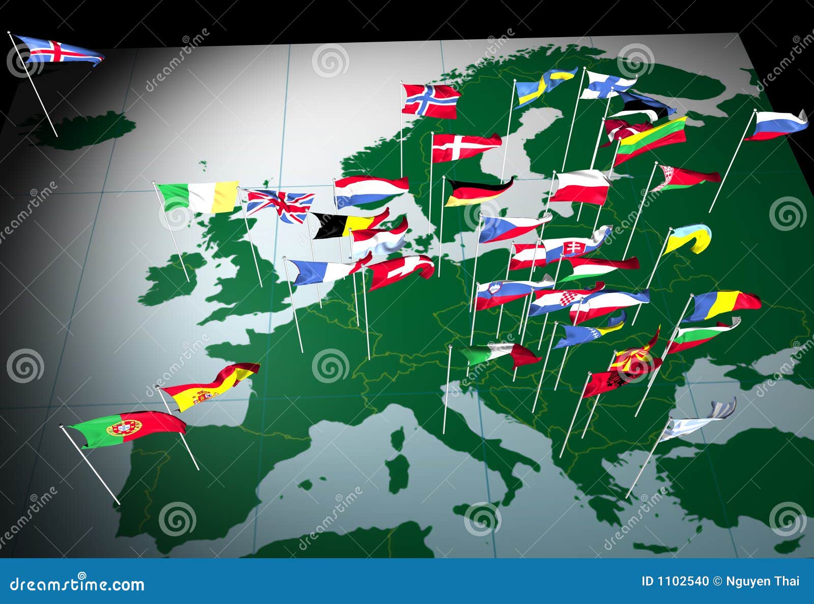 European Flags On Map (South View) Stock Photo - Image: 1102540