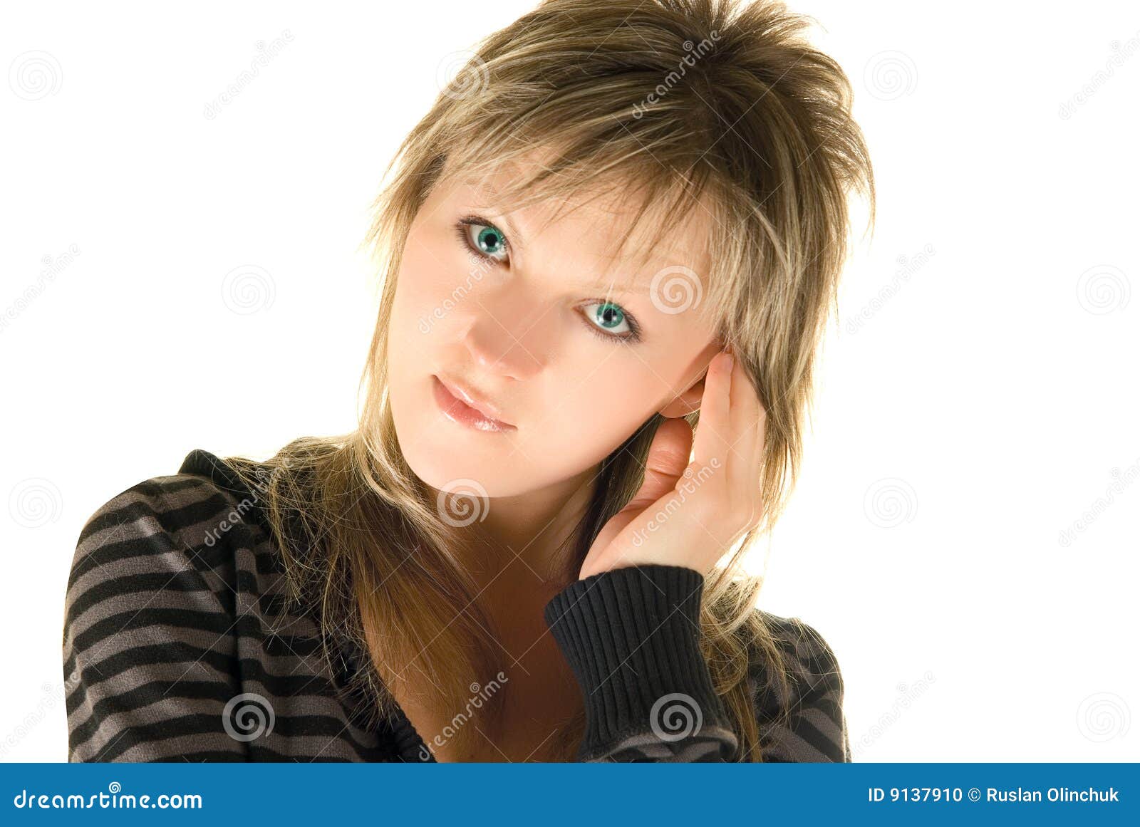 Lovely Model Laughing While Pointing Finger At The Tablet Bottle ...