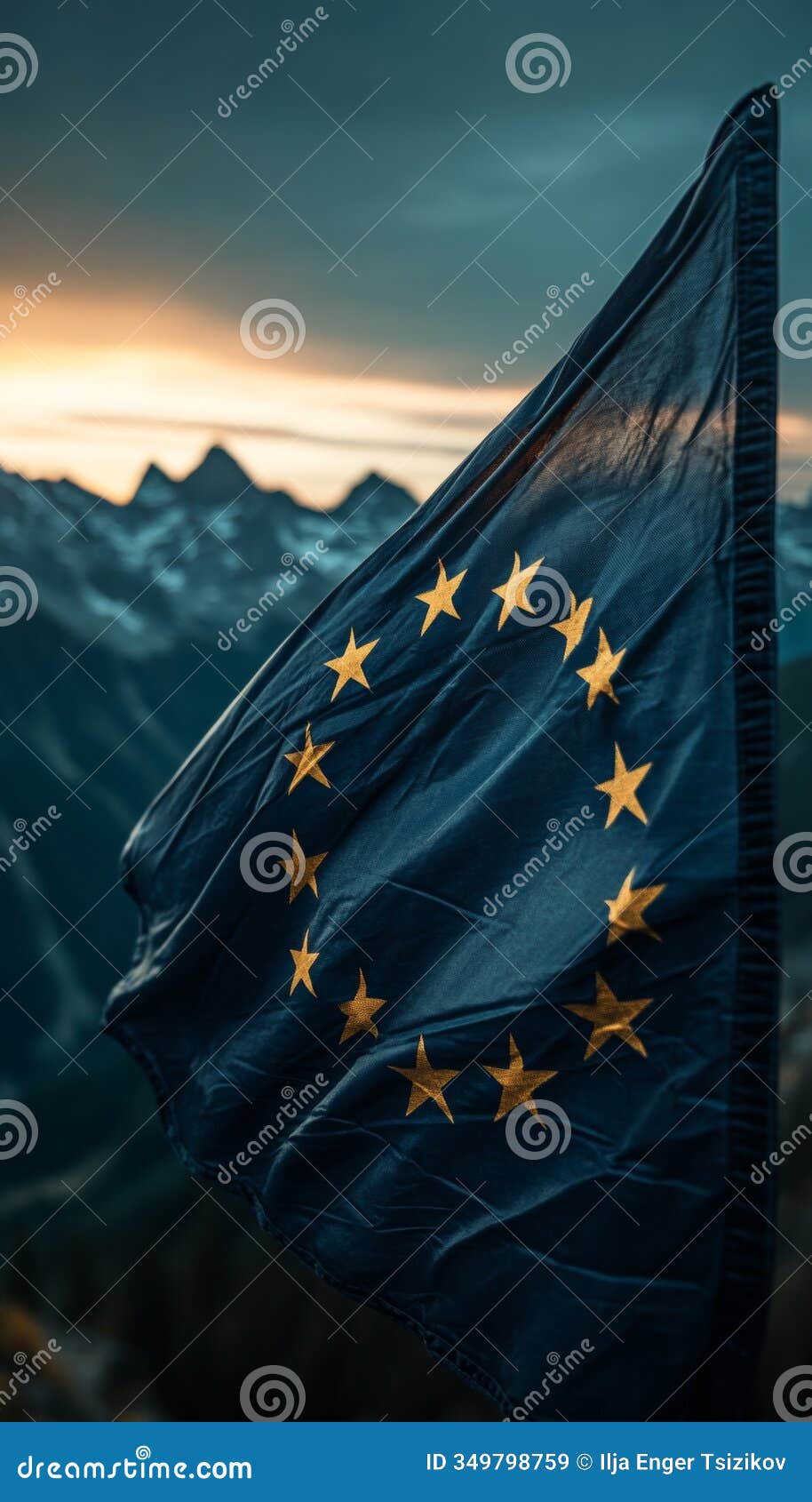 European Union Flag Fluttering Against Dramatic Mountain Sunset, Symbol ...