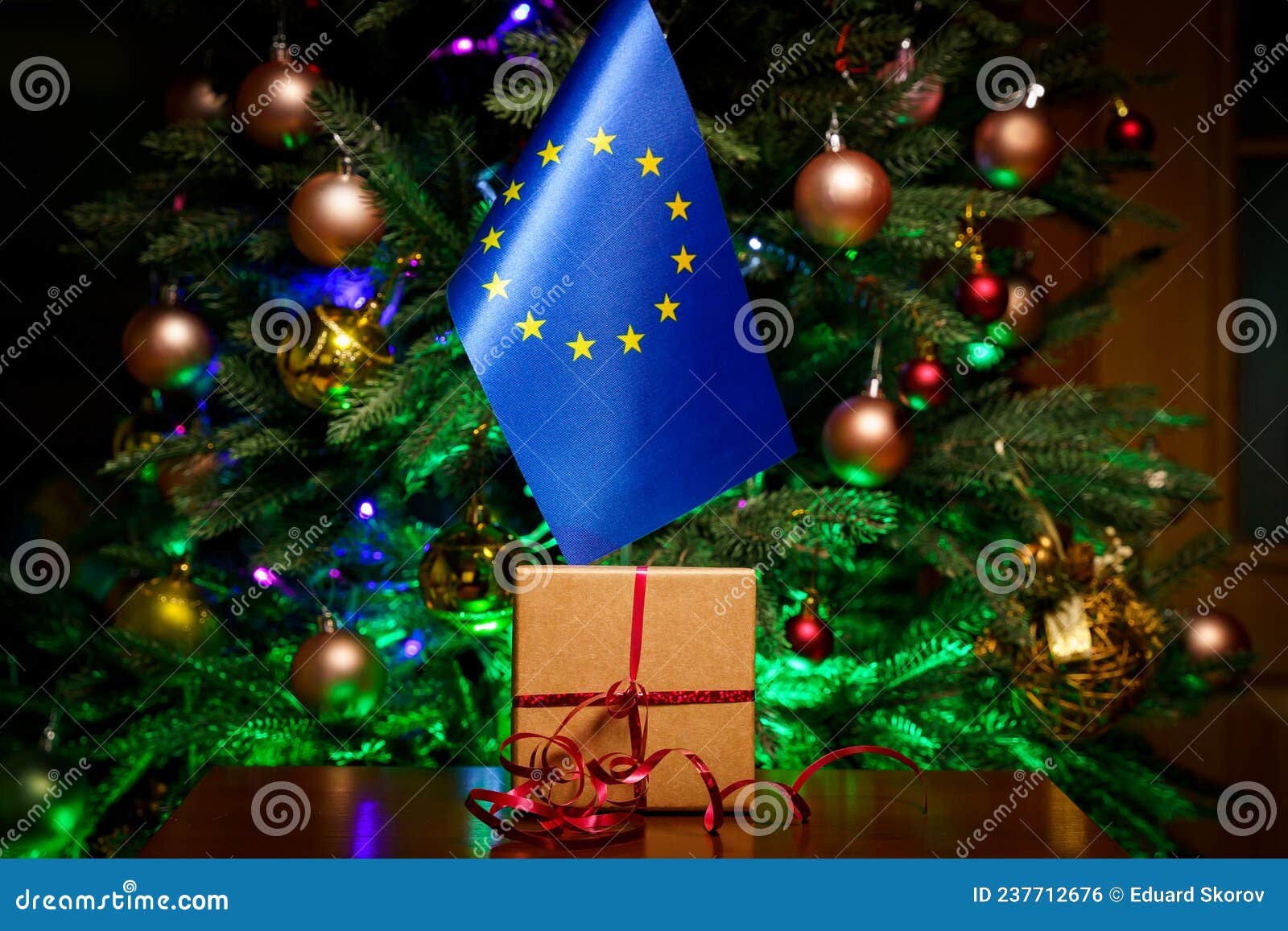 European Union Flag and Gift Box on the Background of the Christmas ...