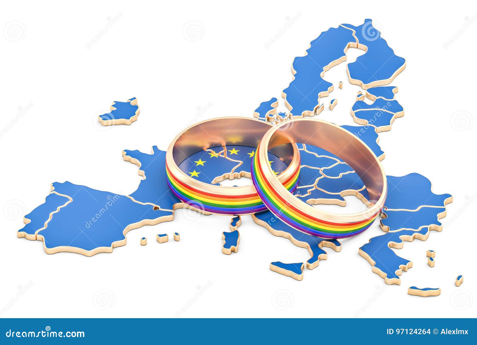 European Union Map with LGBT Rainbow Rings, 3D Rendering Stock ...