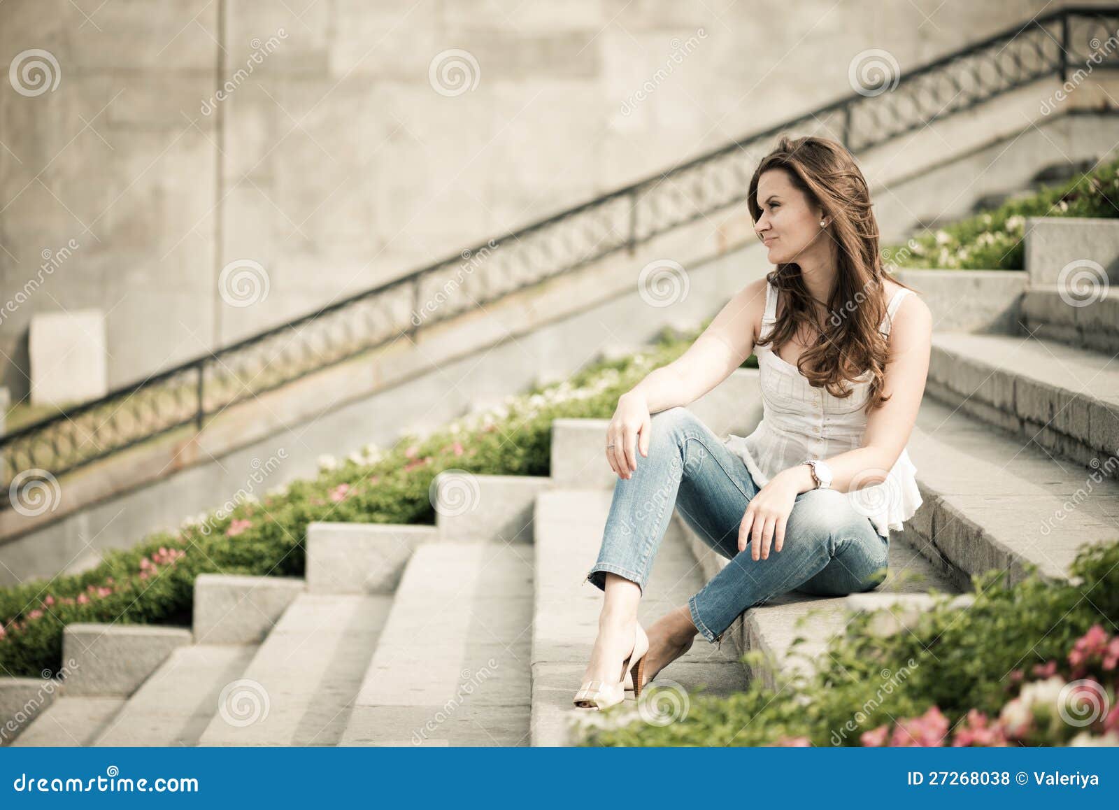 European Woman Sitting on Steps Stock Photo - Image of outside, people ...