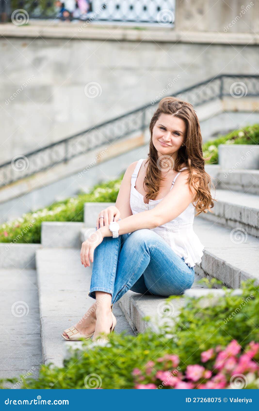 European Woman Sitting on Steps Stock Image - Image of person, longhair ...